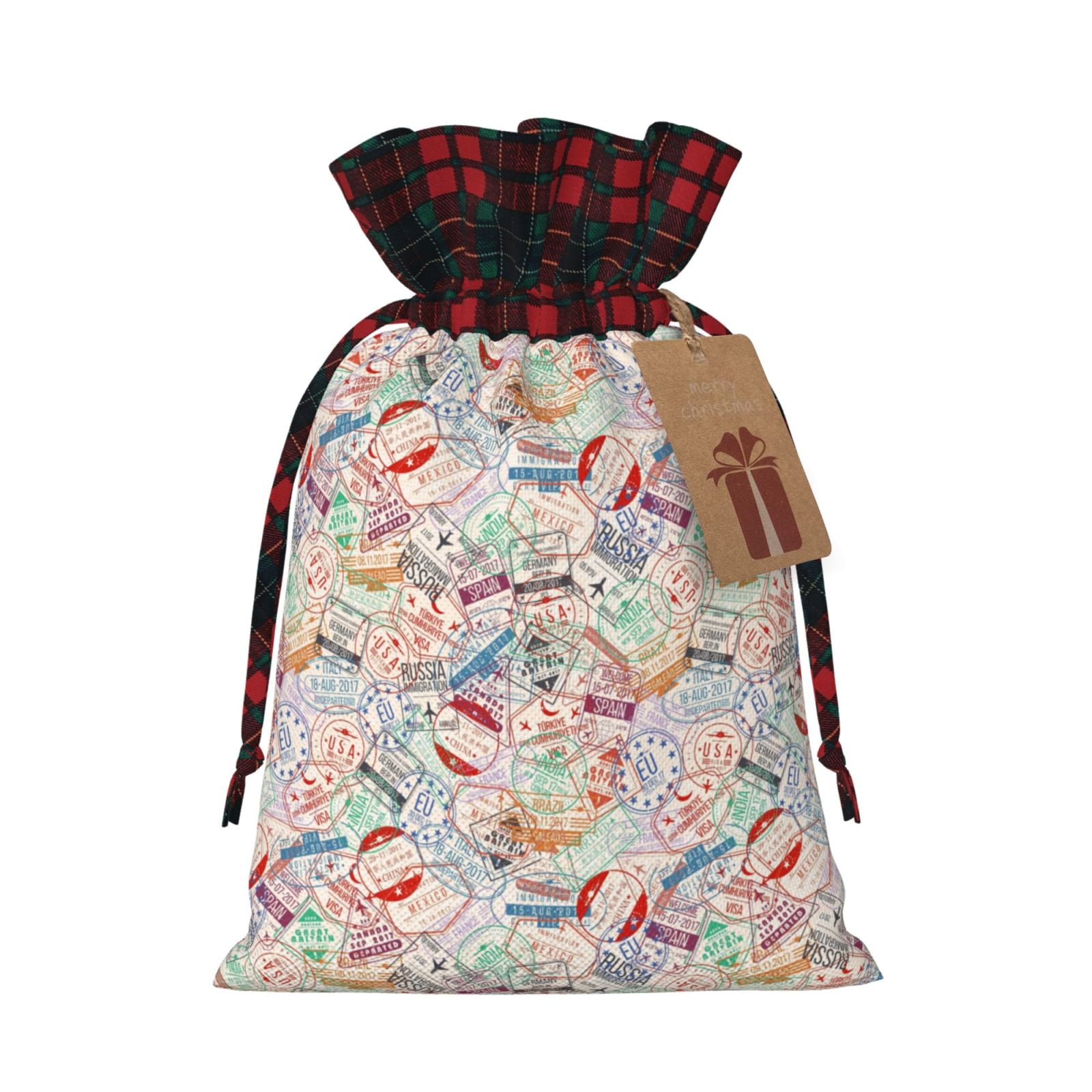 Tebeau Passport Stamp Print Christmas Drawstring Bags Burlap Candy Bags ...