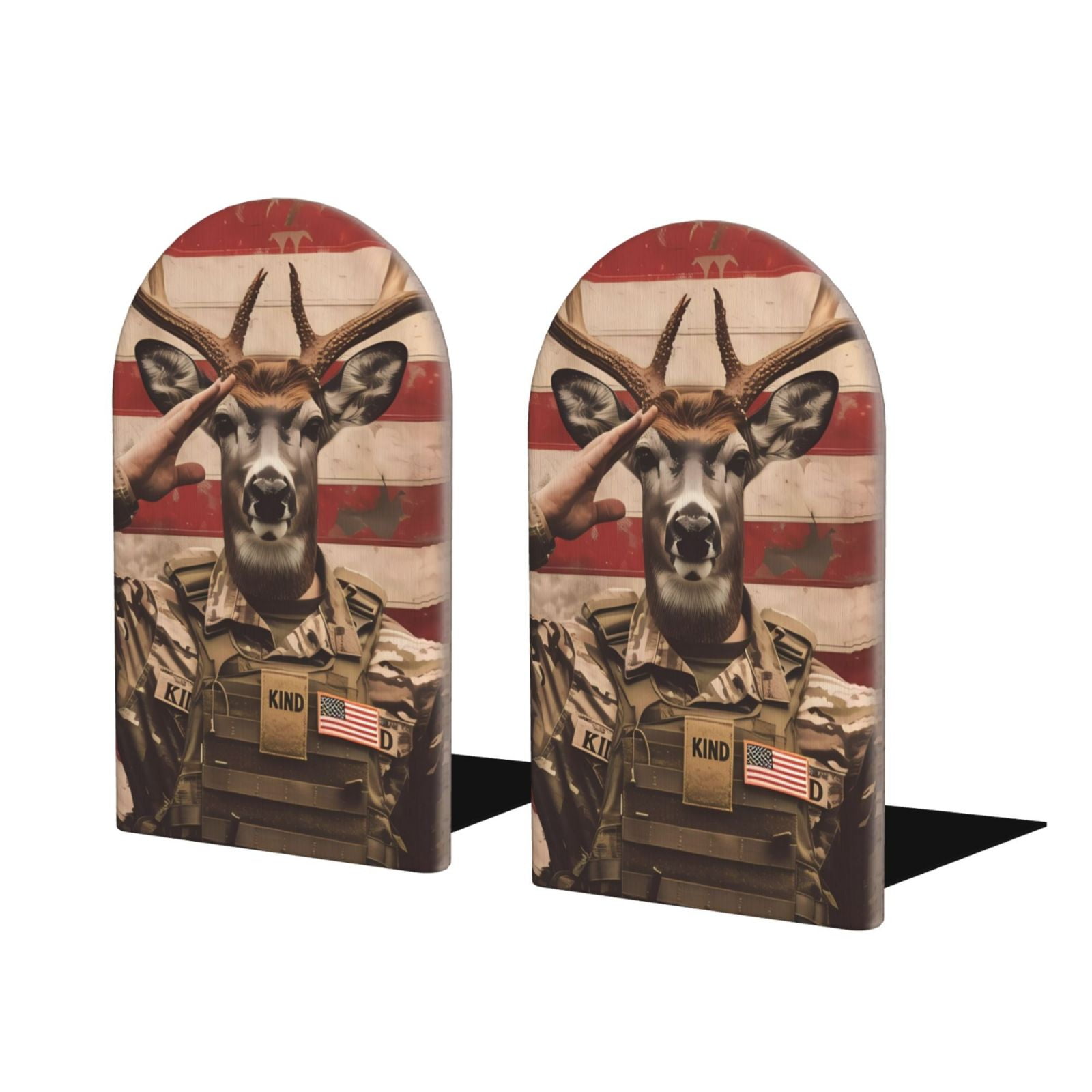 Tebeau Patriotic Deer Soldier Salute Print Wood Bookends for Shelves ...