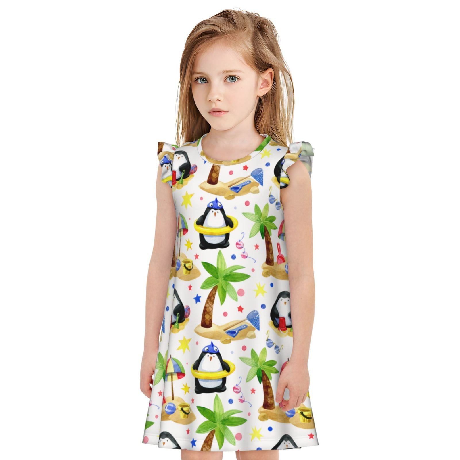 Tebeau Penguins On The Beach Print Girls Nightgowns Flutter Sleeve ...