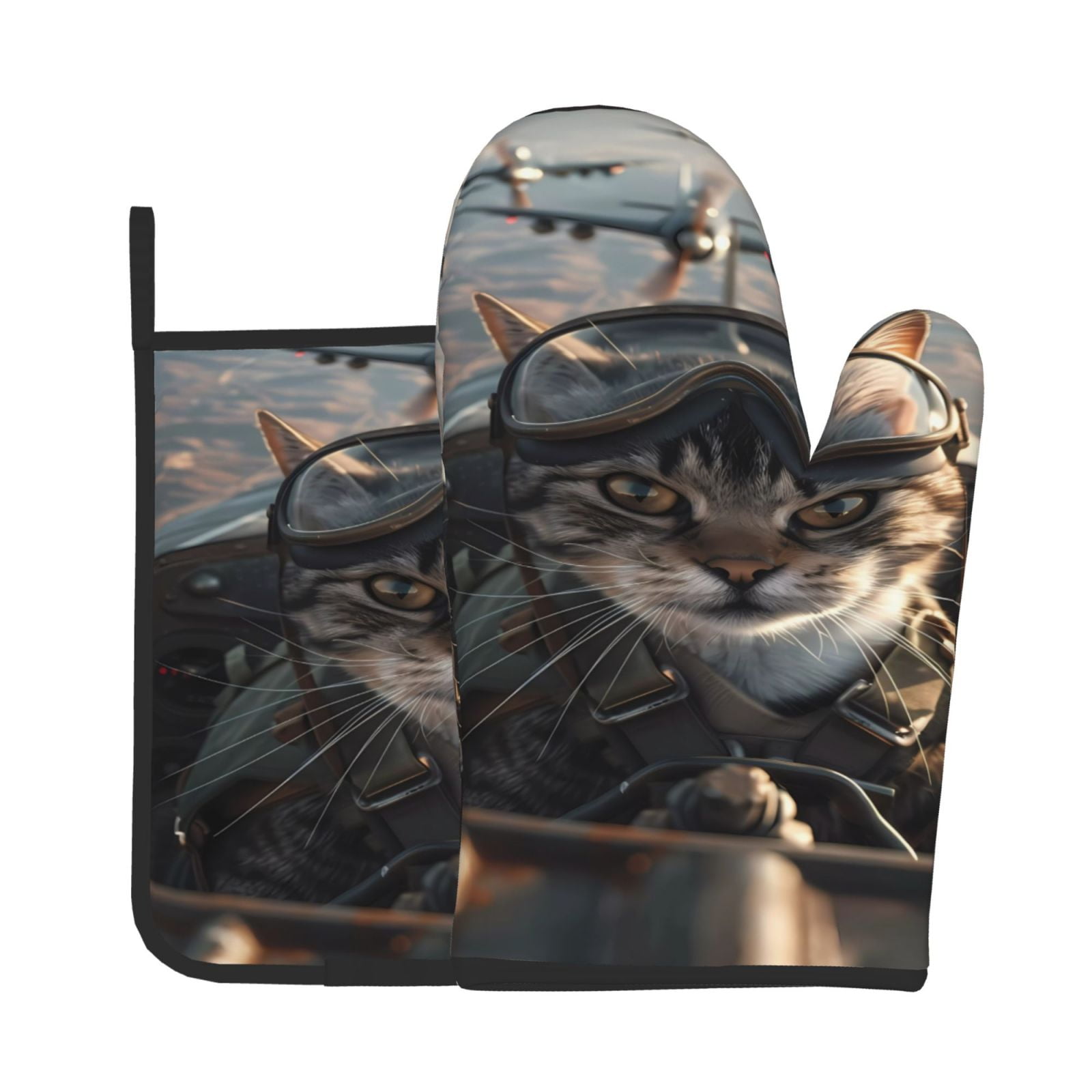 Tebeau Pilot Cat In Vintage Plane Print Oven Mitts and Pan Racks 2 ...
