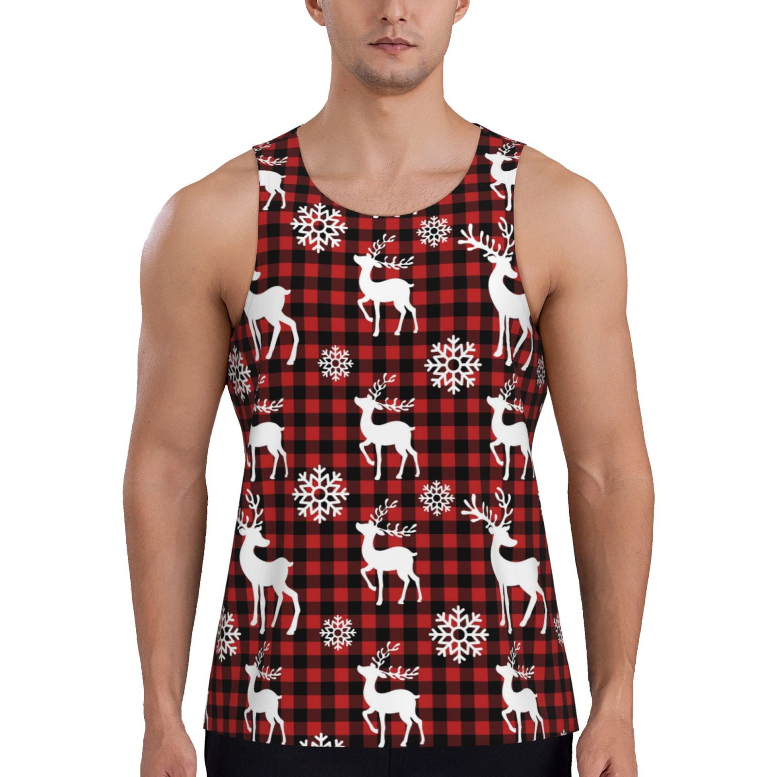 Tebeau Plaid Reindeer Snowflakes Print Men's Drop Arm Tank Top ...