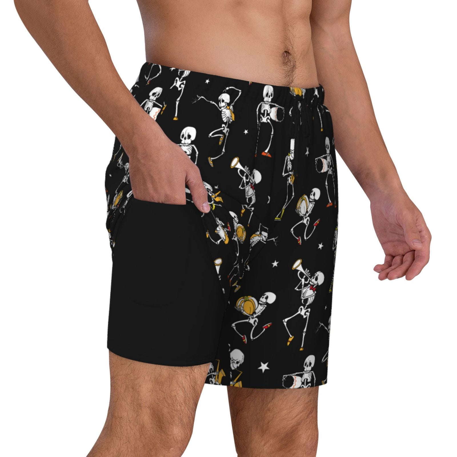 Tebeau Playing Music Skeletons Print Men's Swim Trunks with Compression ...