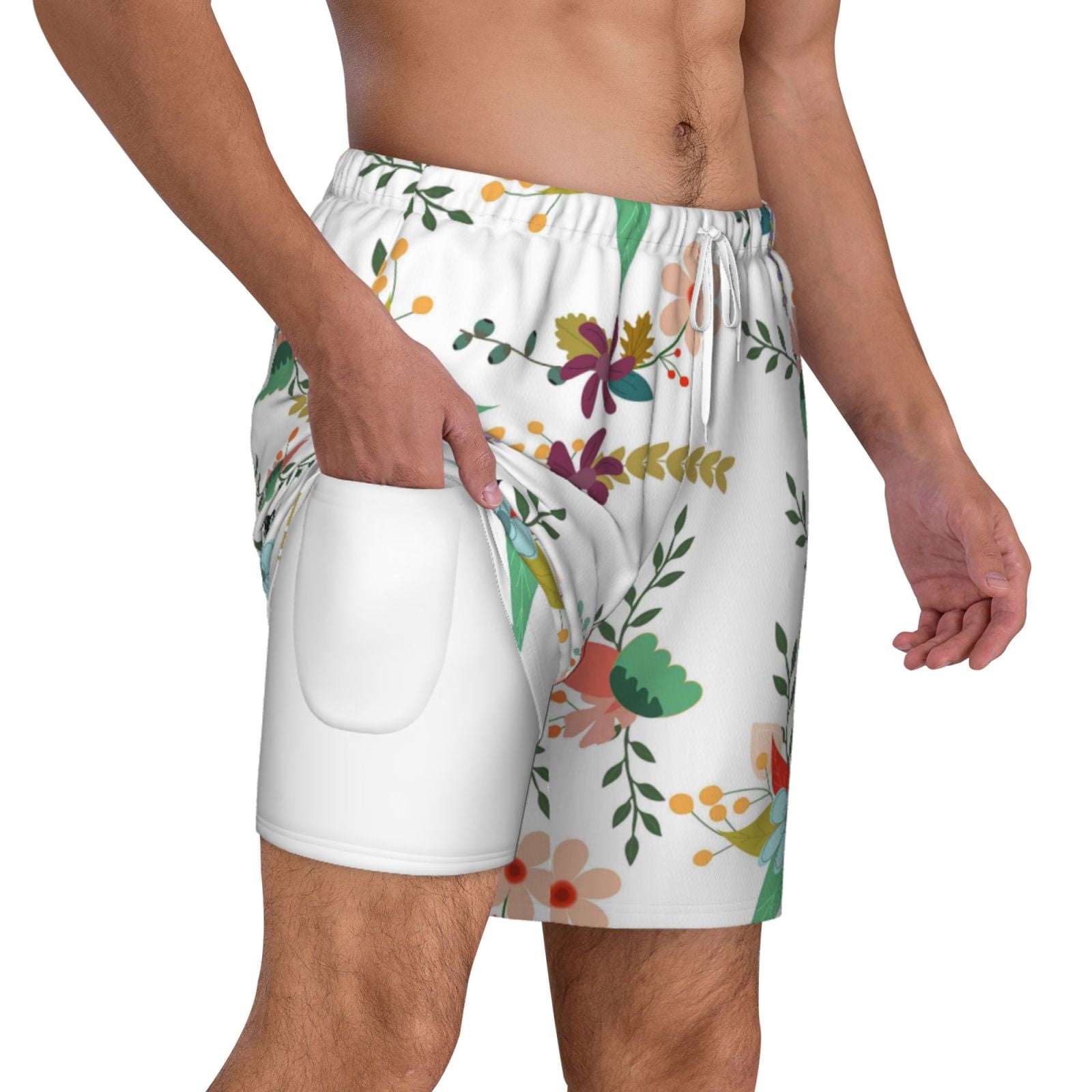Tebeau Pretty Floral With Leaves Print Men's Swim Trunks with ...