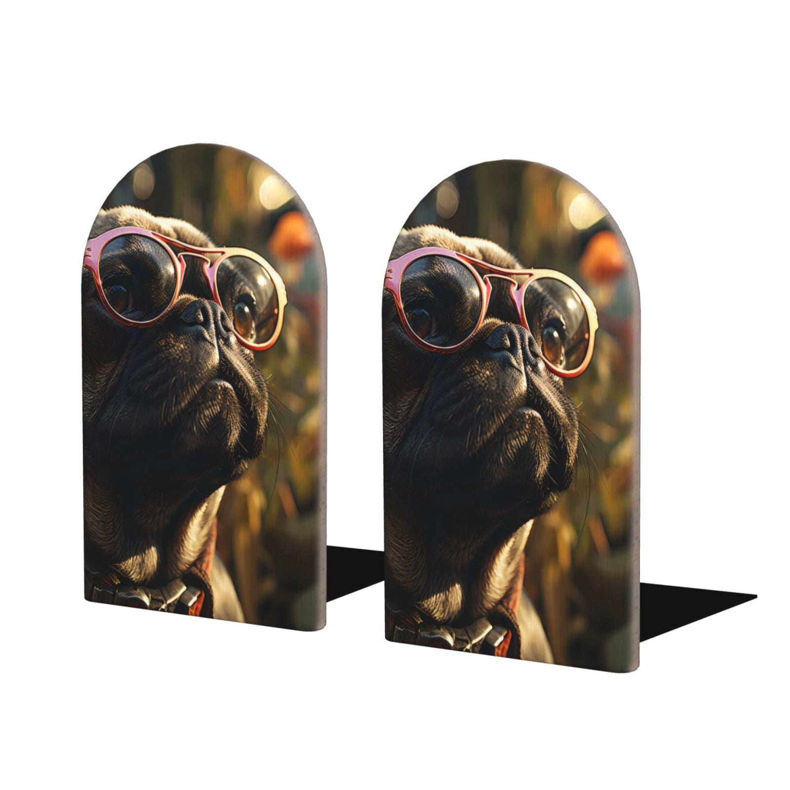 Tebeau Pug Wearing Sunglasses Flowers Print Wood Bookends for Shelves ...