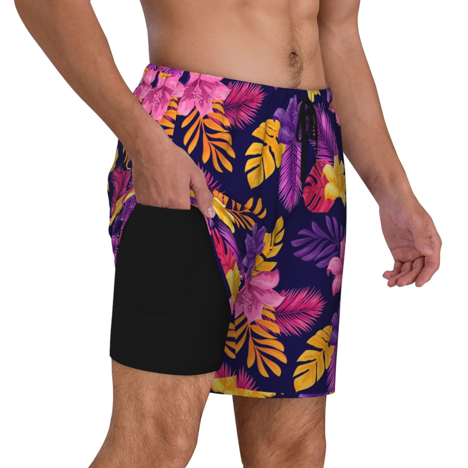 Tebeau Purple Flower Print Men's Swim Trunks with Compression Liner ...