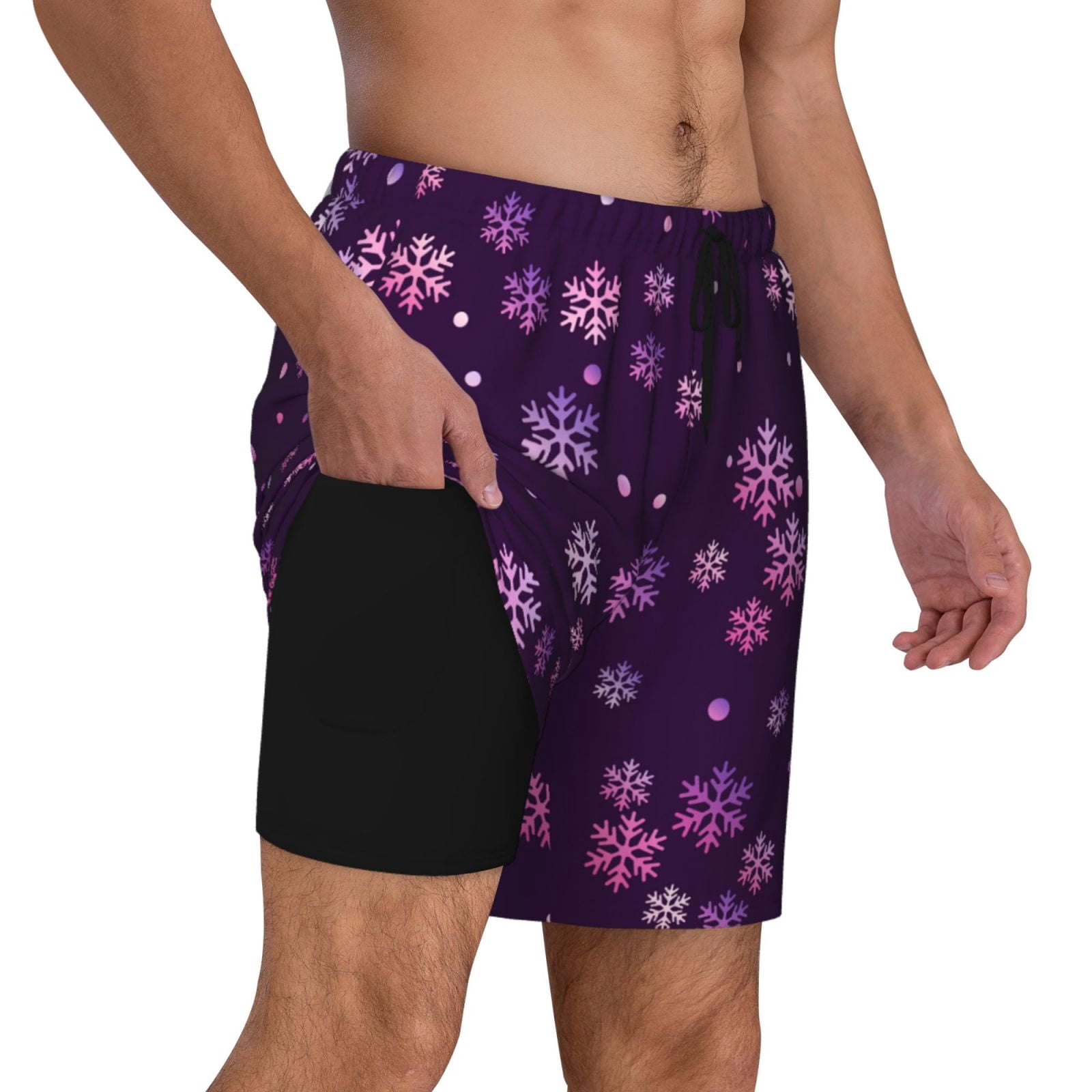 Tebeau Purple Snow Flakes Print Men's Swim Trunks with Compression ...