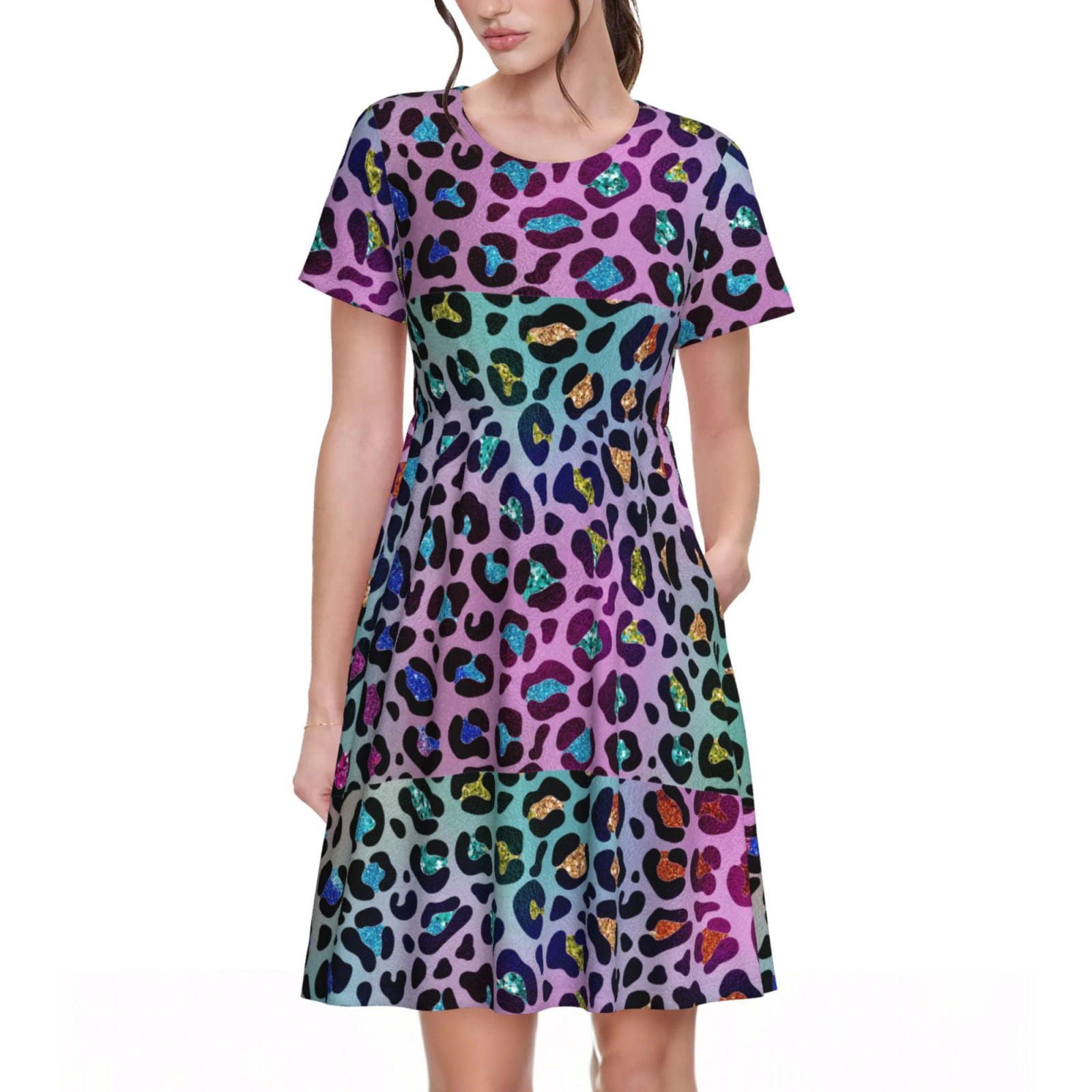 Tebeau Rainbow Animal Skin Print Women's Sundress Casual Smocked ...