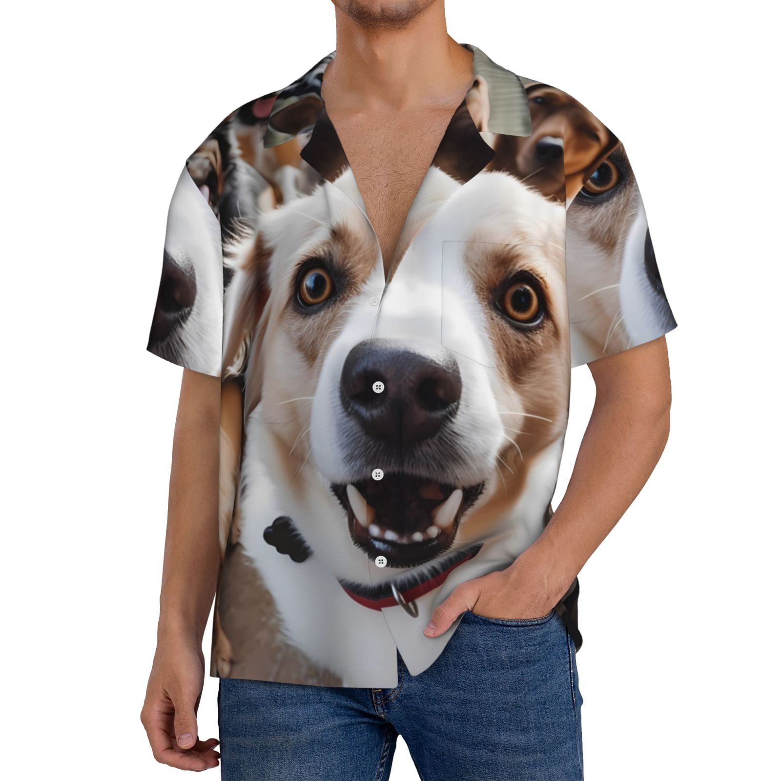 Tebeau Realistic Cute Puppy Print Men's Short-Sleeve Mens Casual Button ...