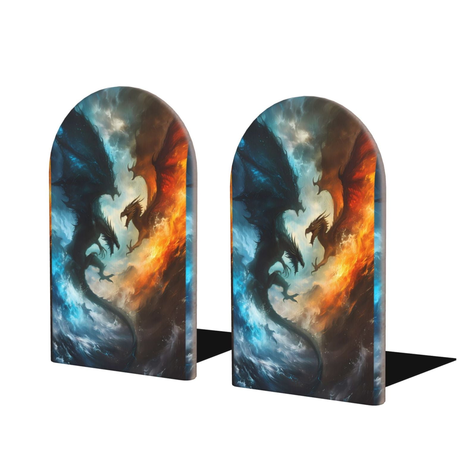 Tebeau Red And Blue Flame Wave Dragon Print Wood Bookends for Shelves ...