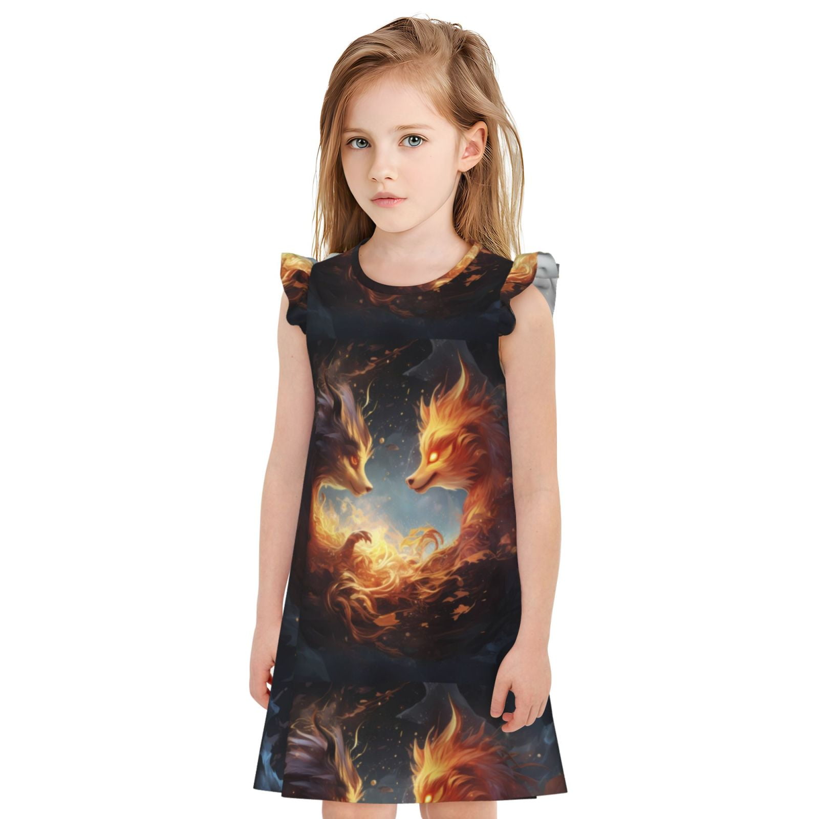 Tebeau Red And Gray Flame Fox Print Girls Nightgowns Flutter Sleeve Pajamas Dress Girls Princess ...