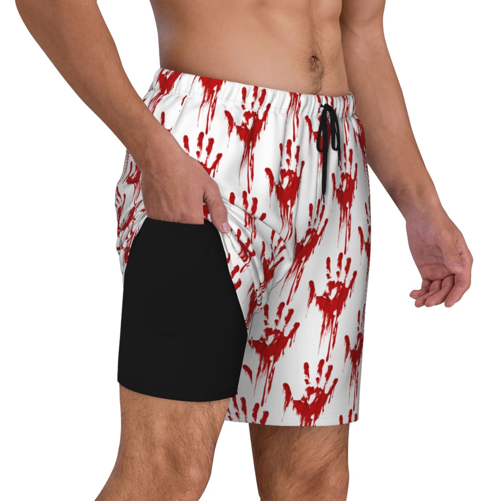 Tebeau Red Bloody Scary Hands Print Men's Swim Trunks with Compression ...