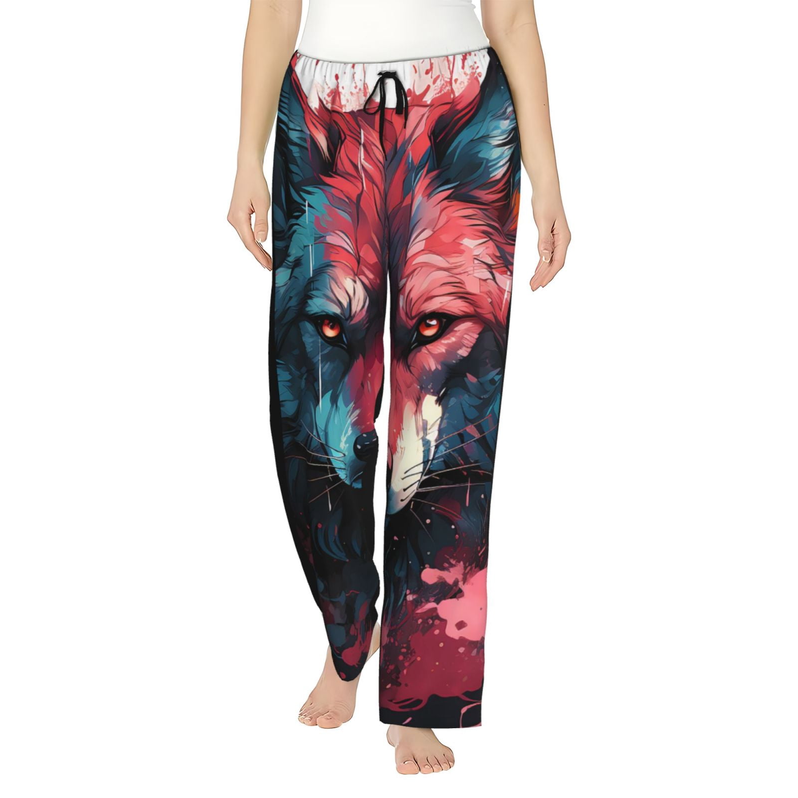 Tebeau Red Flame Wolf Head Print Women Pajama Pants Women's Drawstring ...