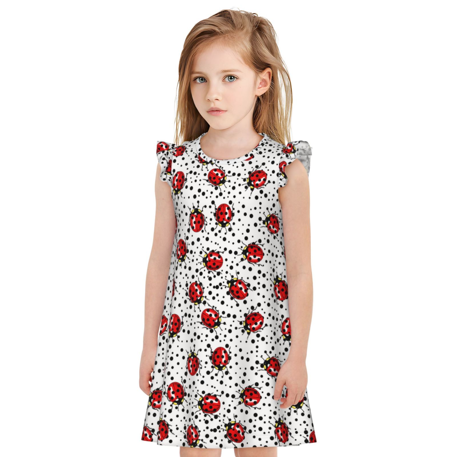 Tebeau Red Ladybugs On Black Dotted Print Girls Nightgowns Flutter ...