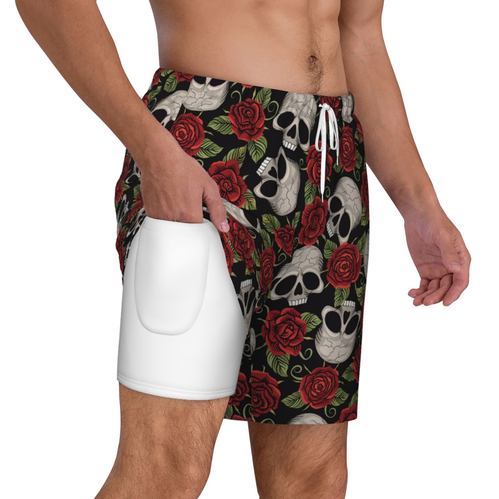 Tebeau Red Rose Skull Print Men's Swim Trunks with Compression Liner ...