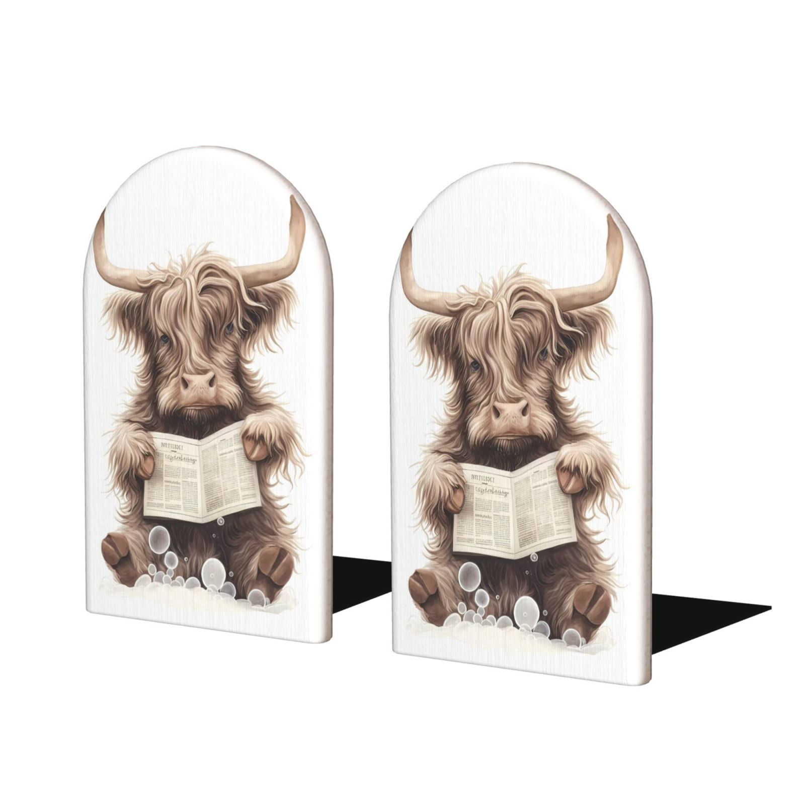 Tebeau Relaxed Cute Cow Reading Print Wood Bookends for Shelves ...