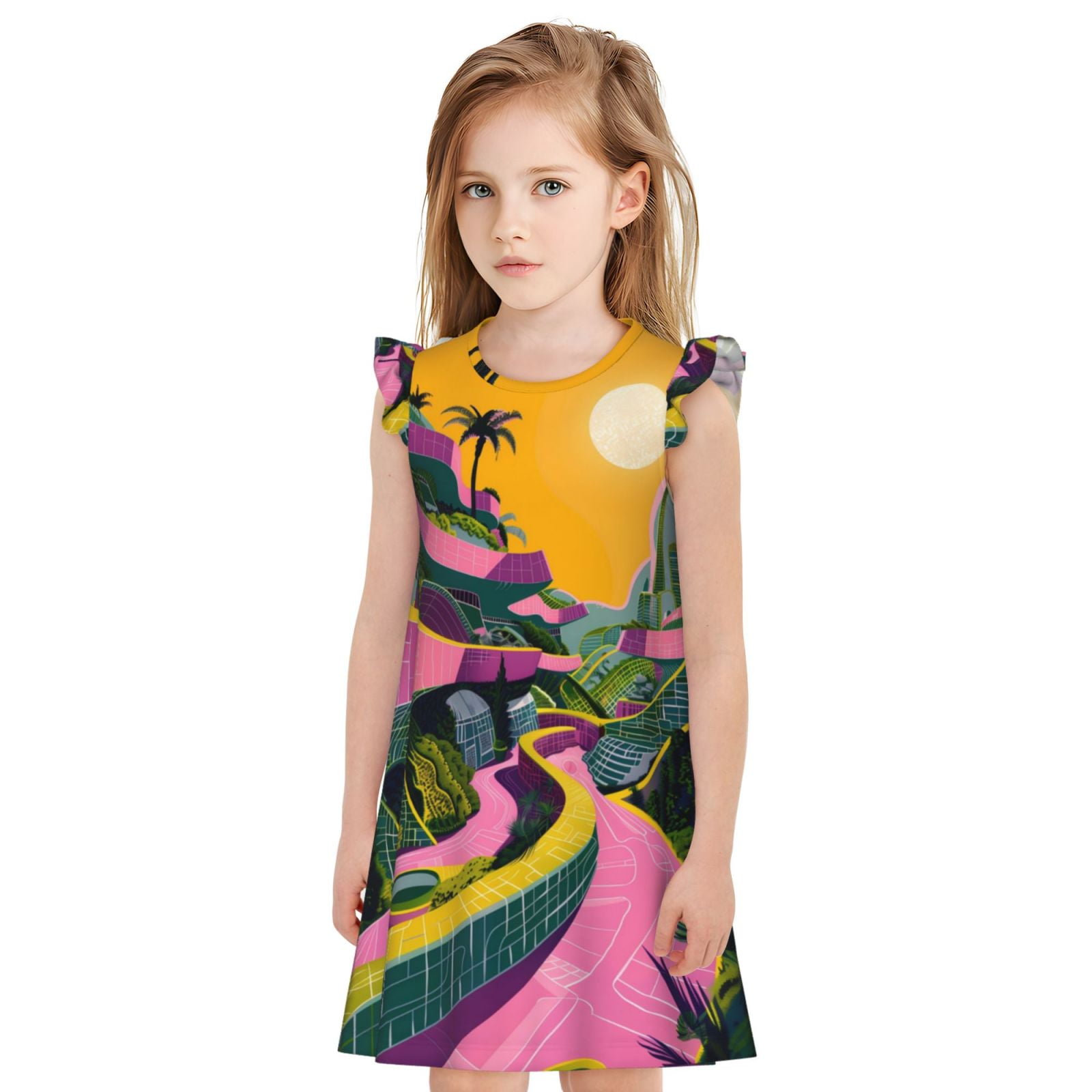 Tebeau Retro Futuristic Landscape Print Girls Nightgowns Flutter Sleeve ...