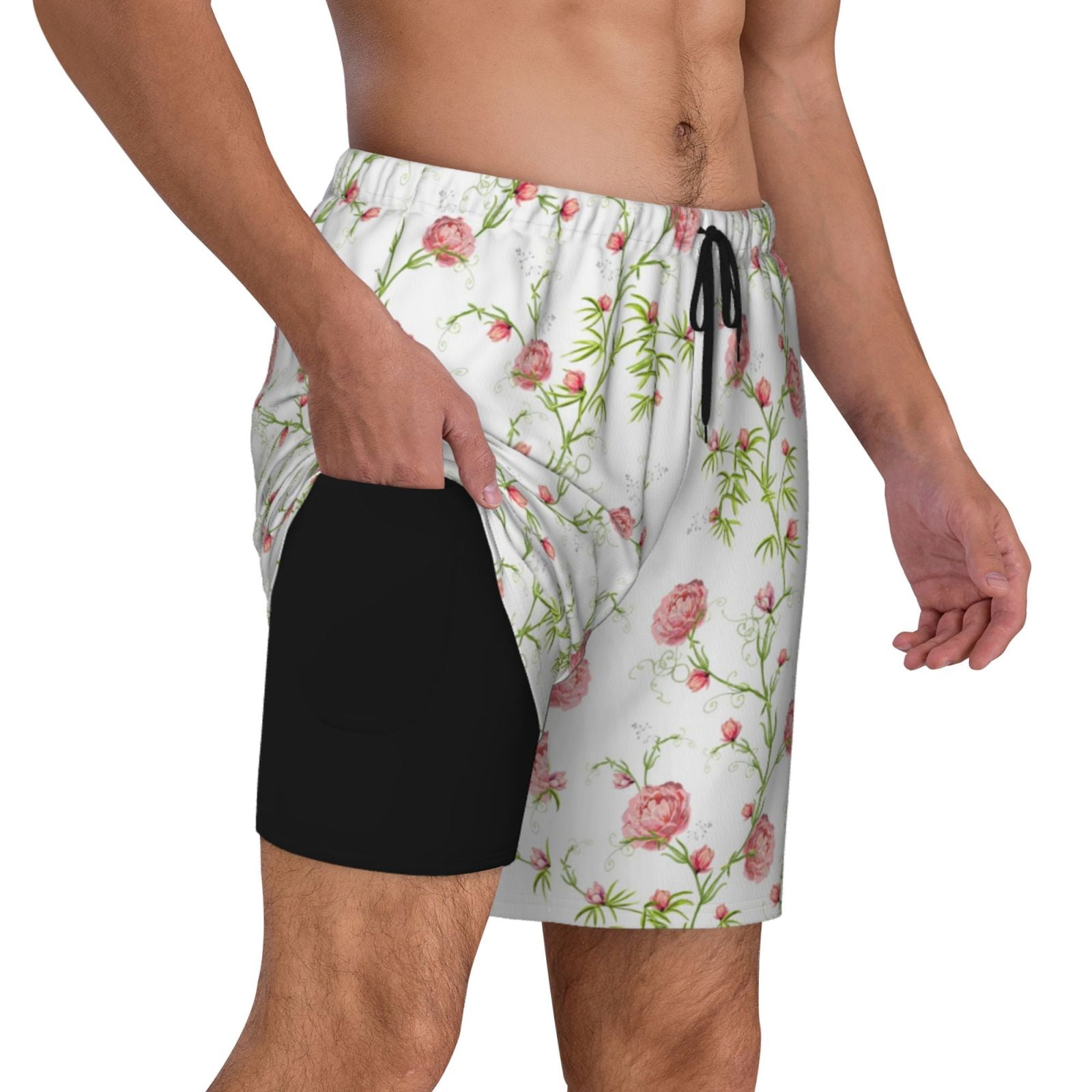 Tebeau Roses Flowers Print Men's Swim Trunks with Compression Liner ...