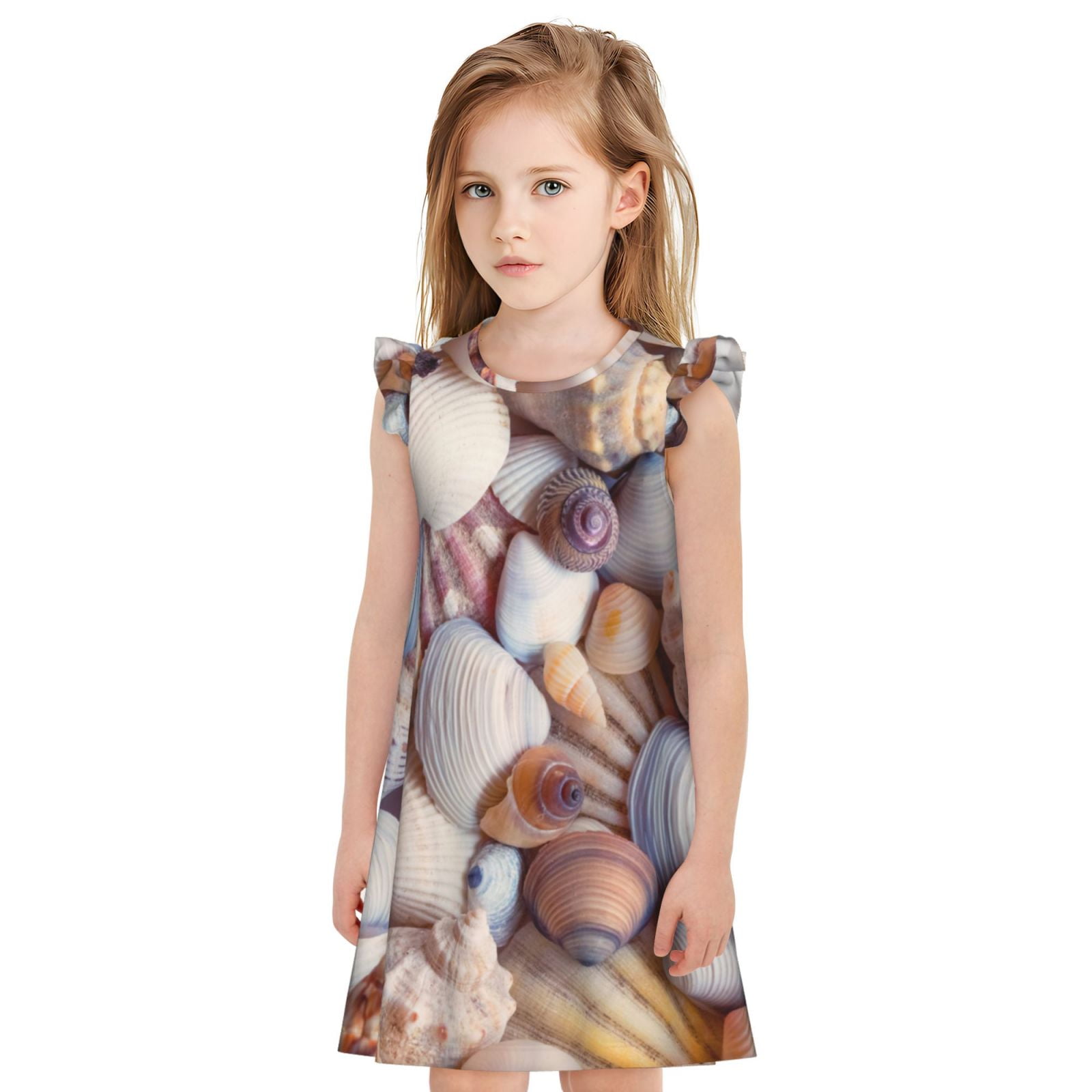 Tebeau Sea Shells Print Girls Nightgowns Flutter Sleeve Pajamas Dress Girls Princess Dress Short ...