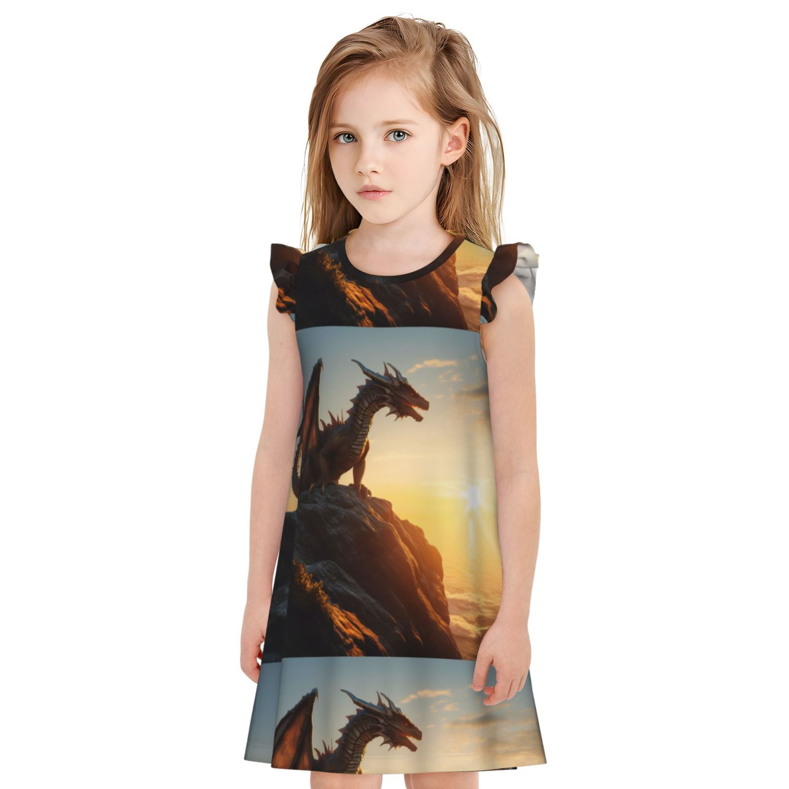 Tebeau Seaside Sunset Cool Dragon Print Girls Nightgowns Flutter Sleeve ...