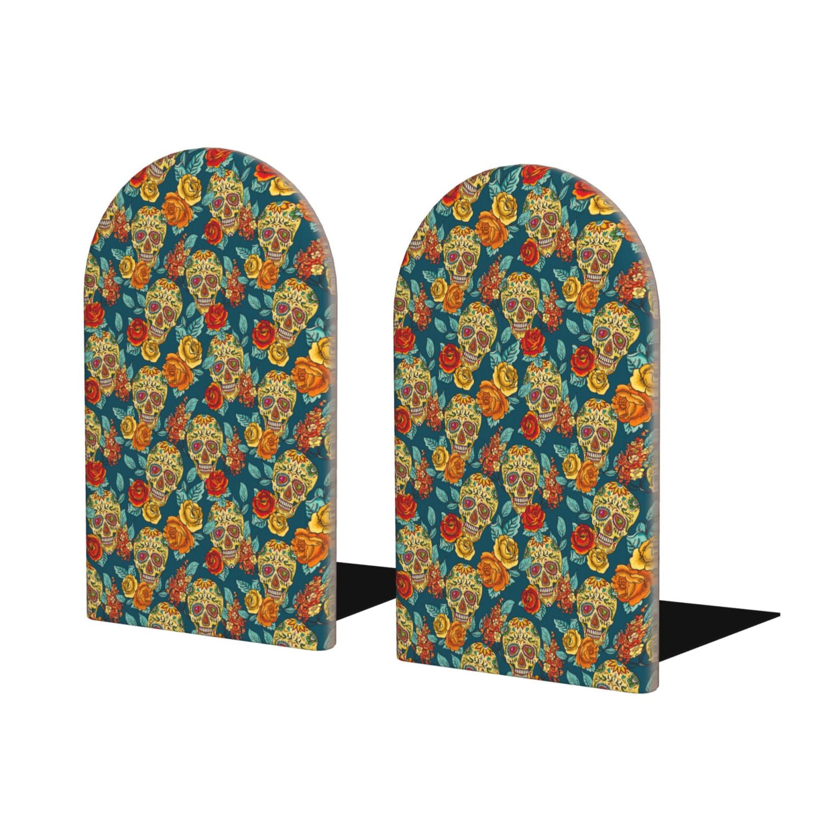 Tebeau Skull And Flowers Print Wood Bookends for Shelves,Bookends,Book ...
