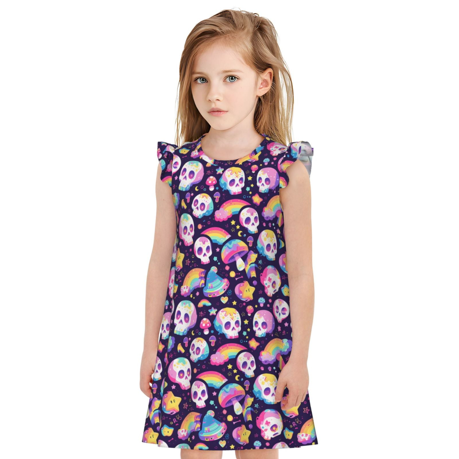 Tebeau Skull colorful mushroom rainbow Print Girls Nightgowns Flutter Sleeve Pajamas Dress Girls ...