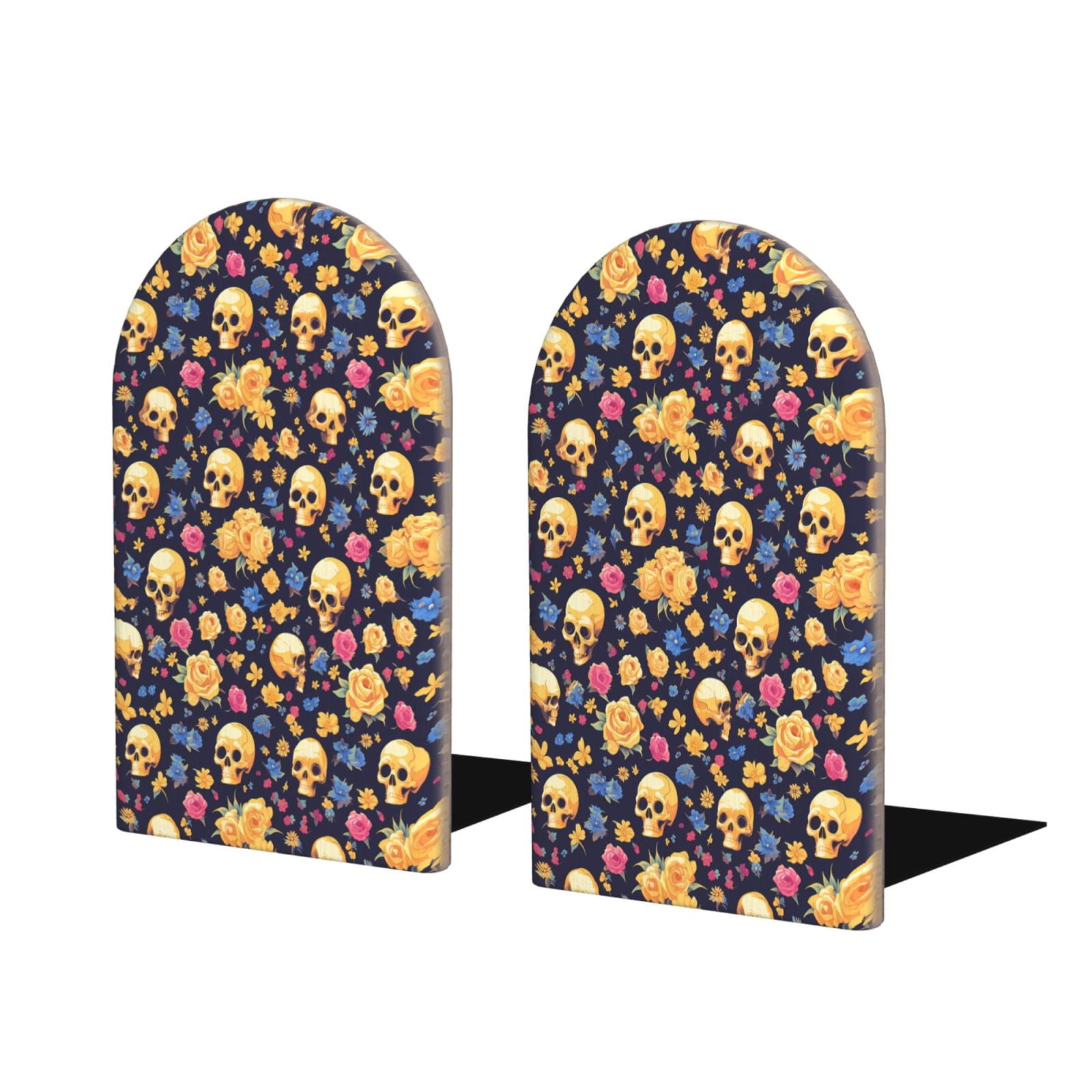 Tebeau Skull gold flower Print Wood Bookends for Shelves,Bookends,Book ...