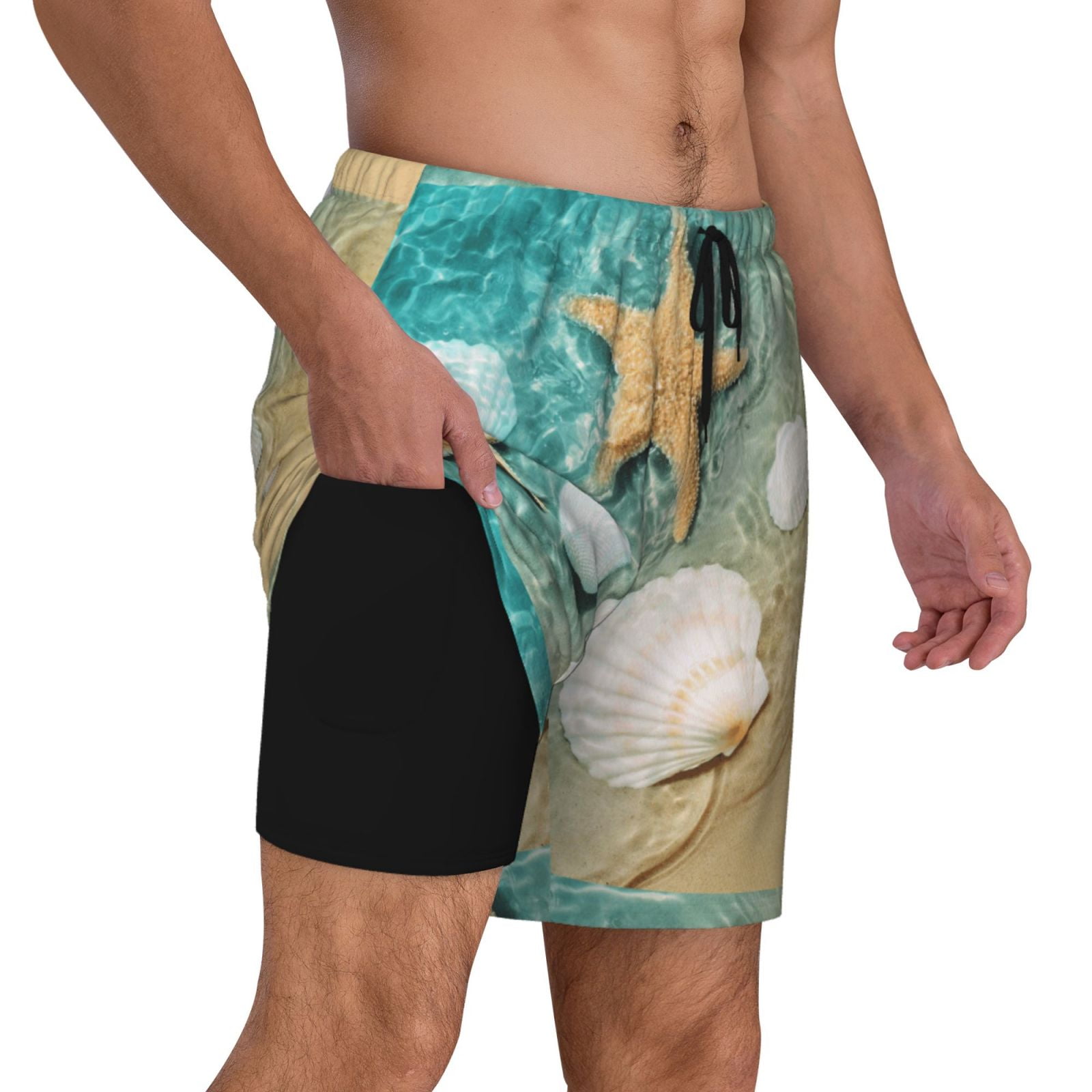 Tebeau Starfish And Seashell Print Men's Swim Trunks with Compression ...