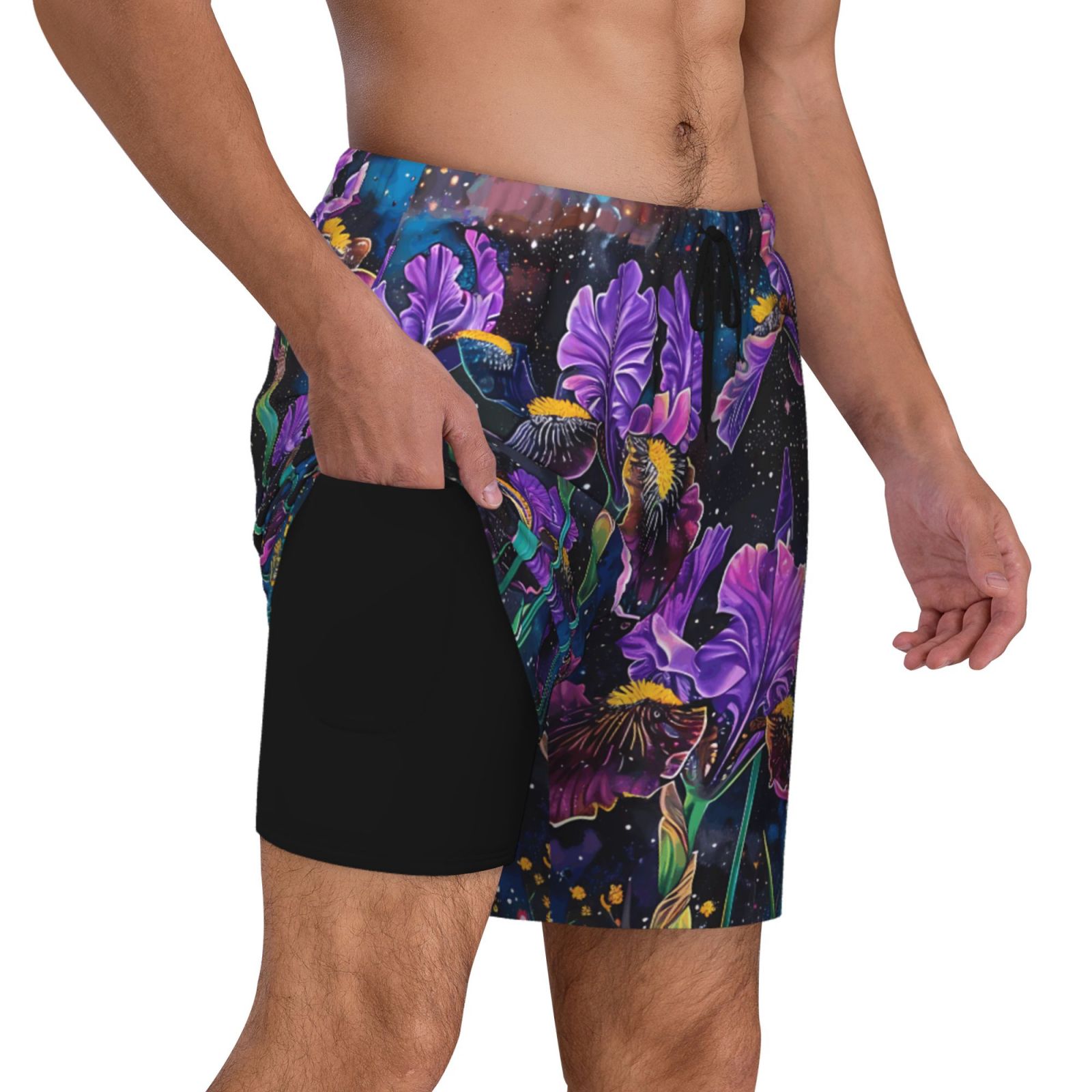 Tebeau Starry Night Iris Field Print Men's Swim Trunks with Compression ...