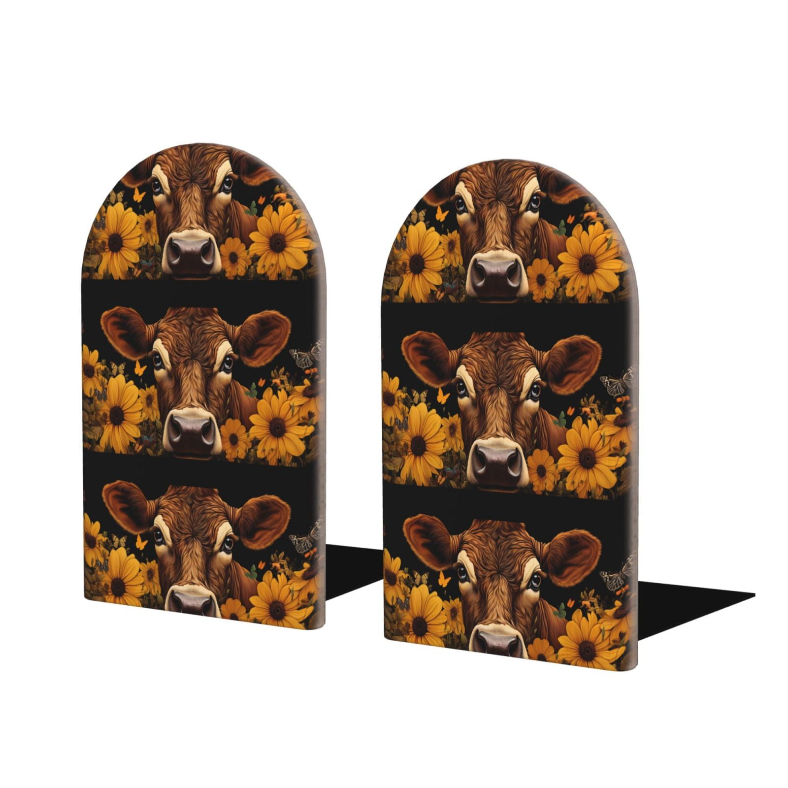 Tebeau Sunflower Butterfly Cow Print Wood Bookends for Shelves,Bookends ...
