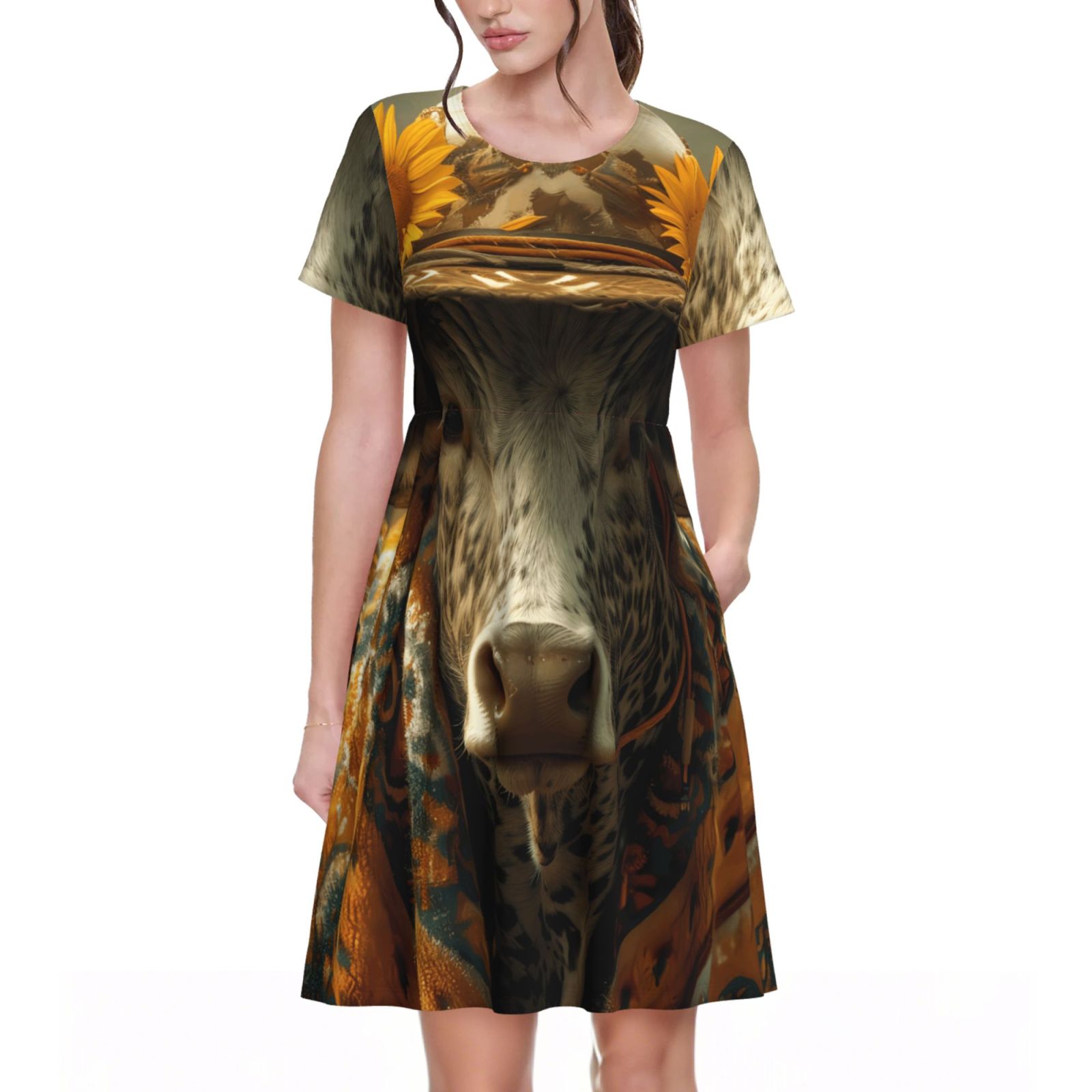 Tebeau Sunflower Cowboy Hat Cow Print Women's Sundress Casual Smocked ...