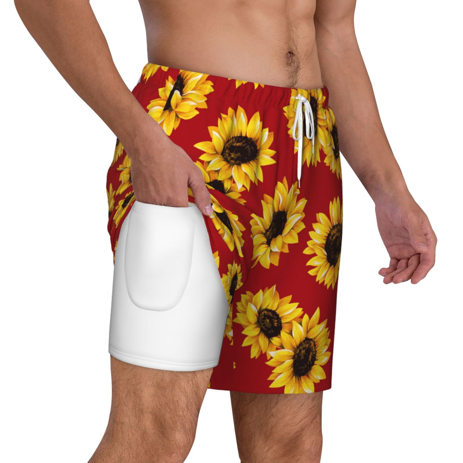Tebeau Sunflowers On Red Print Men's Swim Trunks with Compression Liner ...
