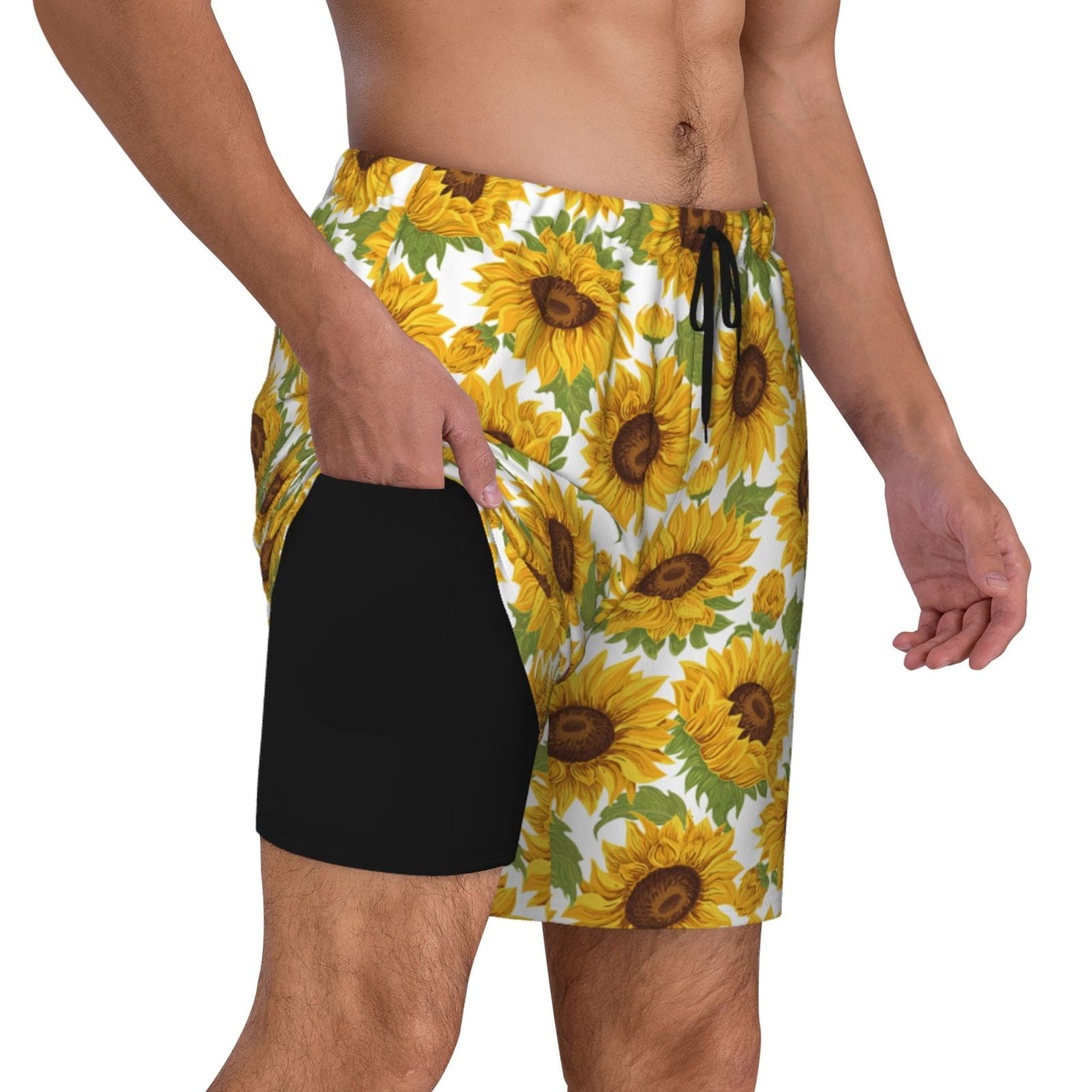 Tebeau Sunflowers Print Men's Swim Trunks with Compression Liner ...