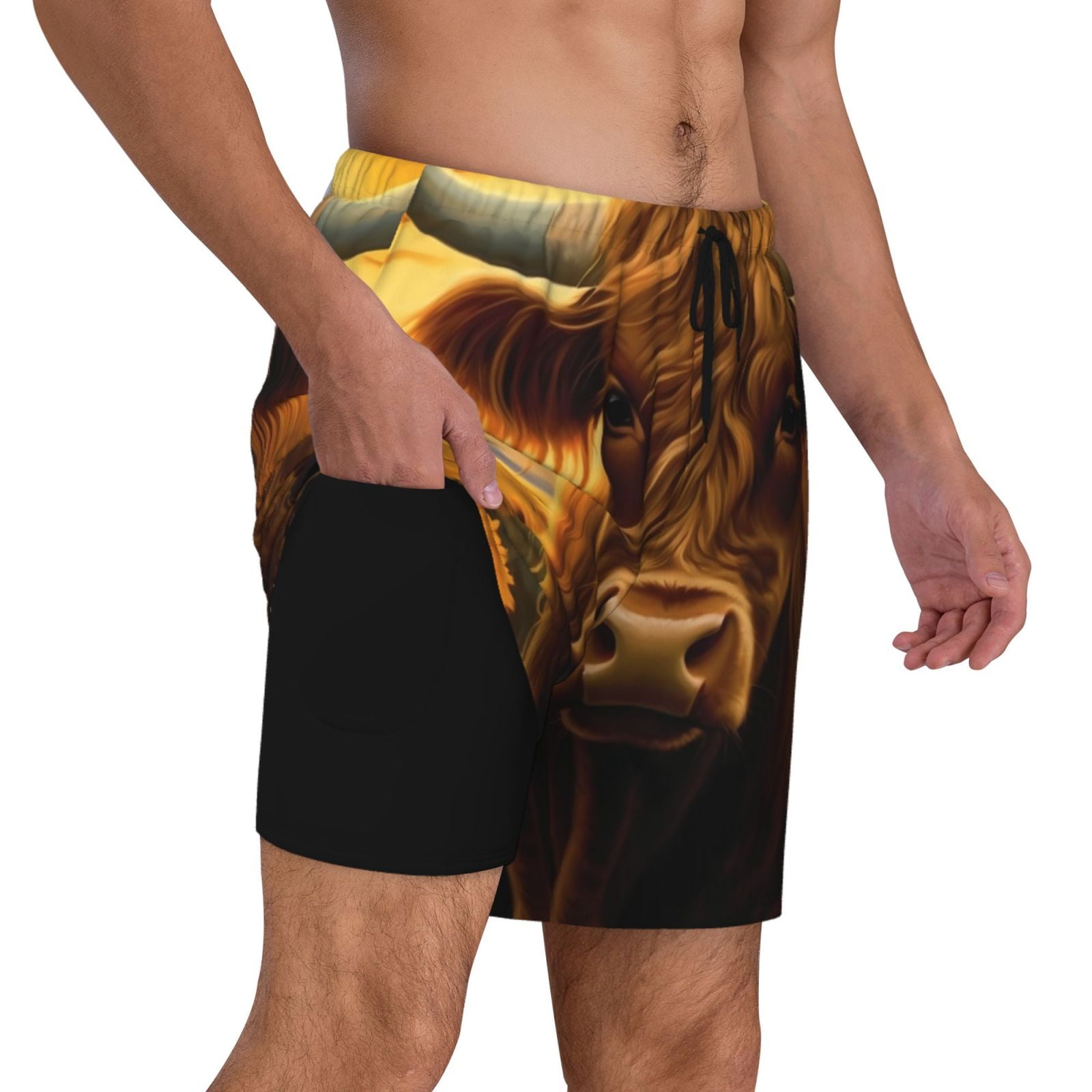 Tebeau Sunset Sunflower Cow A Print Men's Swim Trunks with Compression ...