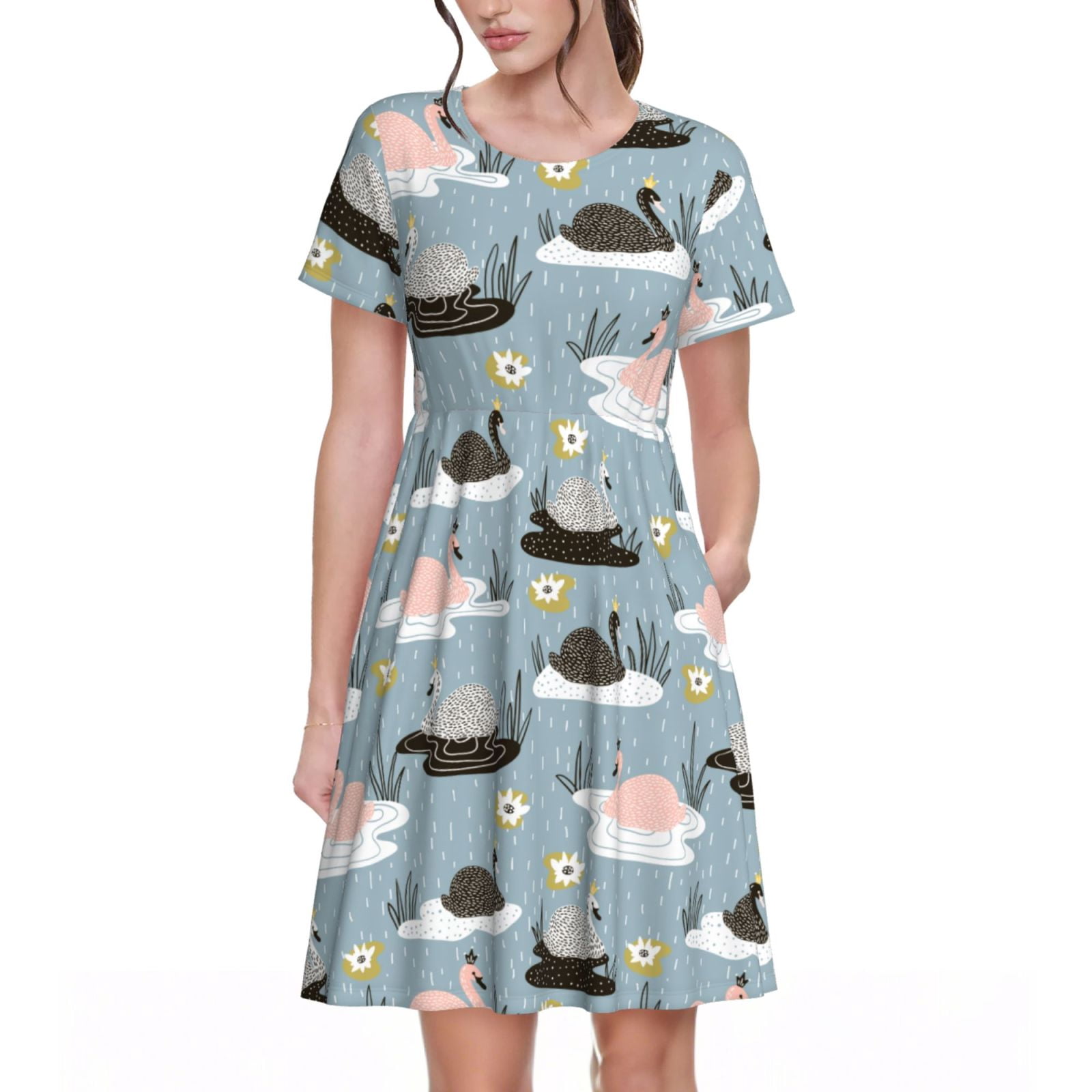 Tebeau Swan Princess On Lake Print Women's Sundress Casual Smocked ...