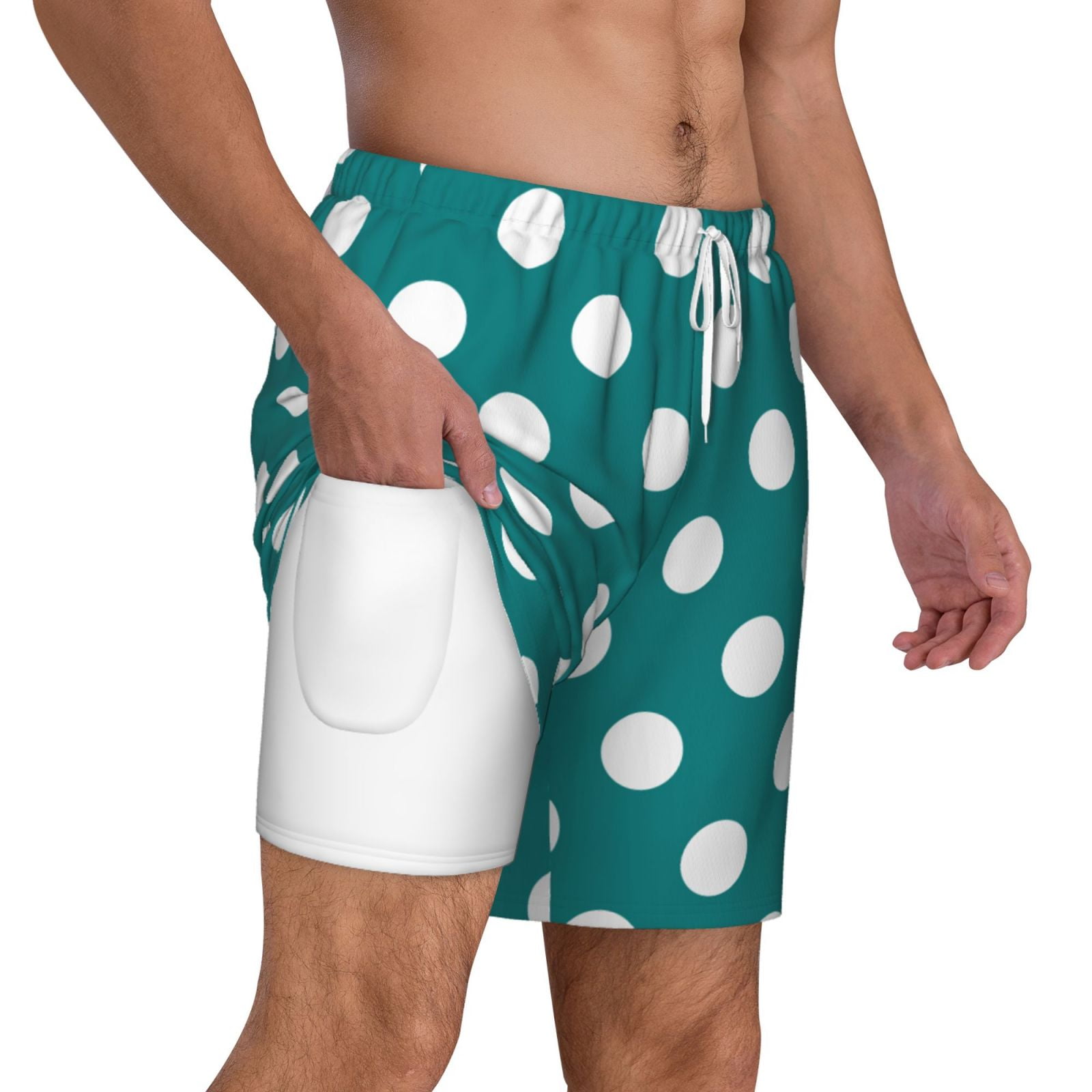 Tebeau Teal And White Polka Dot Print Men's Swim Trunks with ...