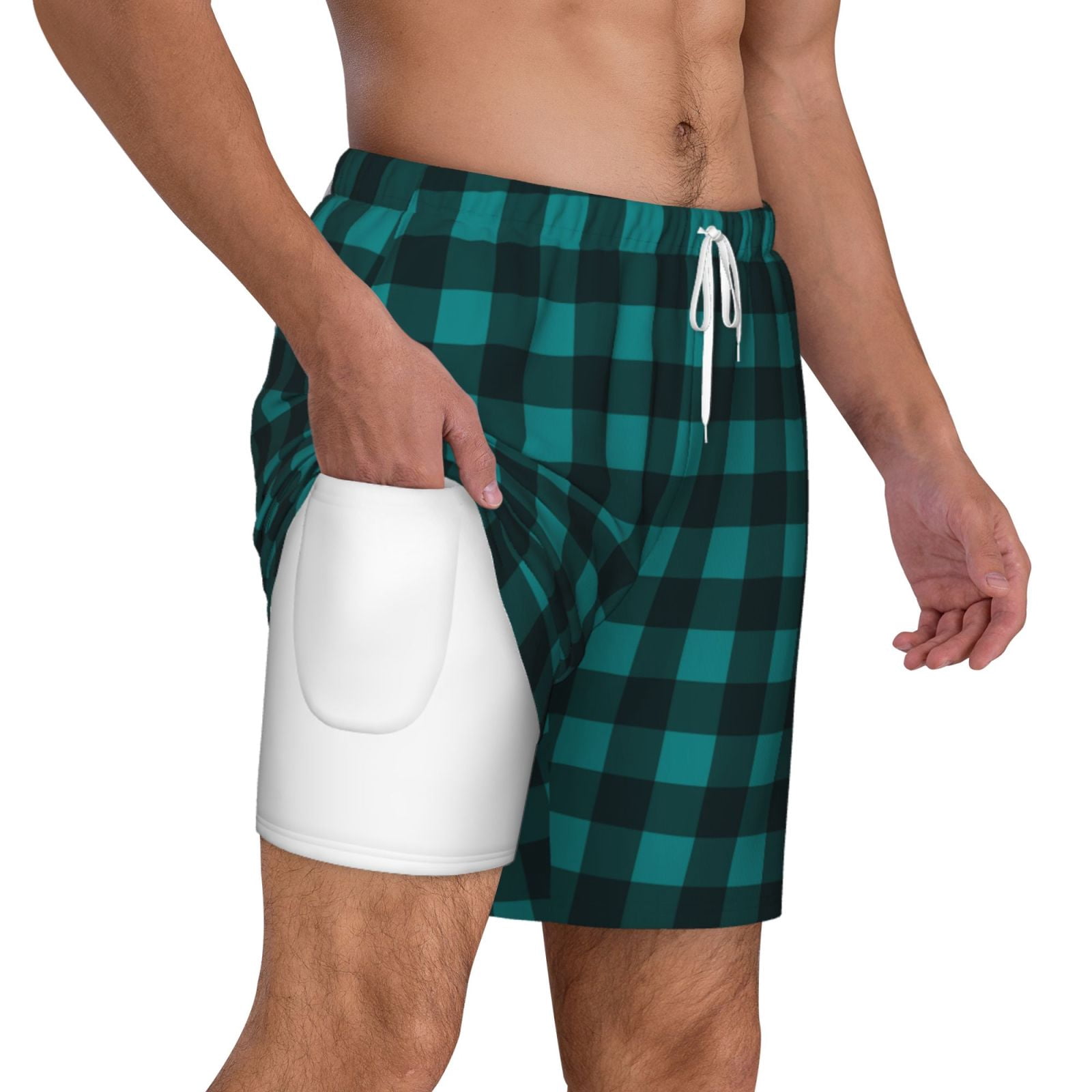 Tebeau Teal On Black Plaid Print Men's Swim Trunks with Compression ...