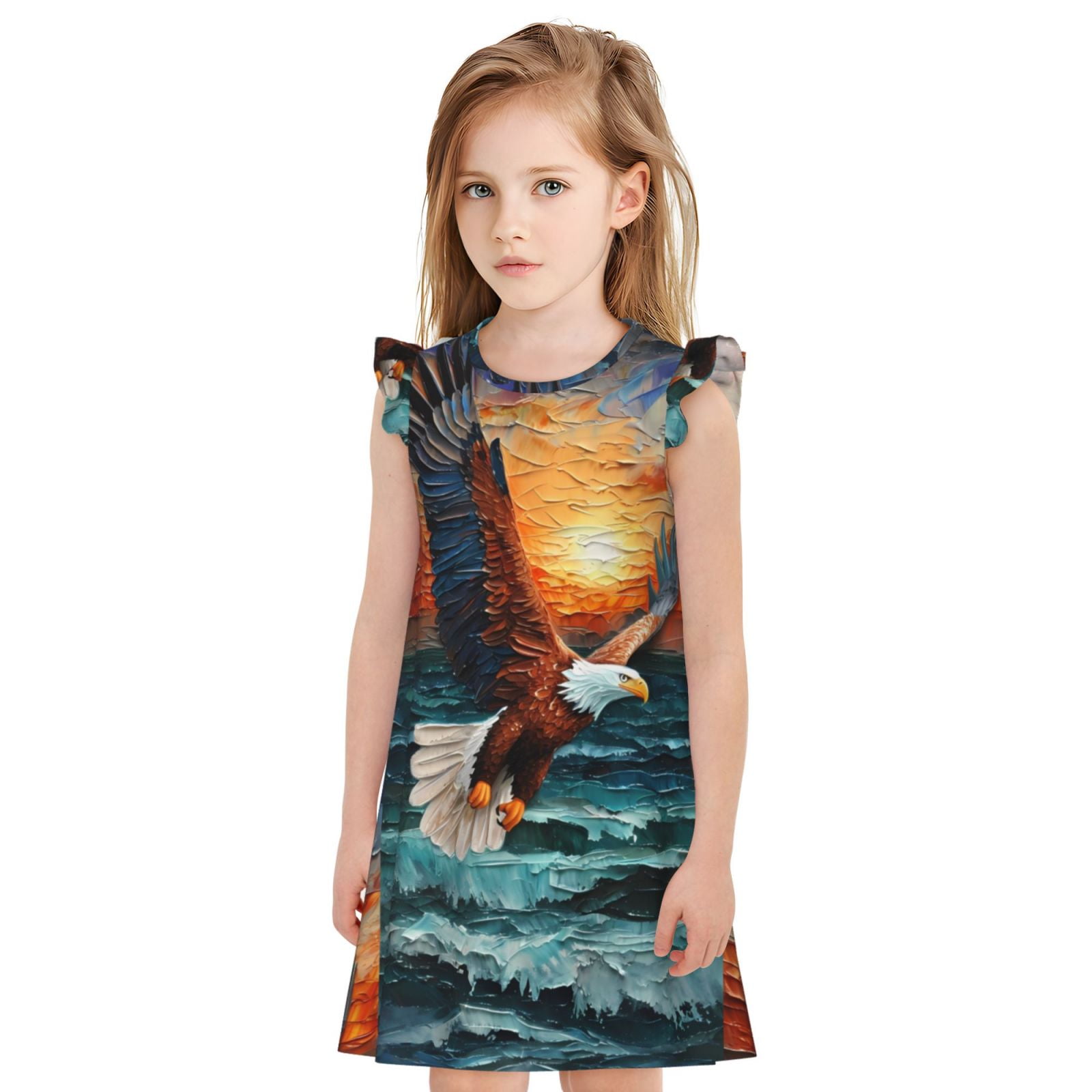 Tebeau Textured Bald Eagle Print Girls Nightgowns Flutter Sleeve Pajamas Dress Girls Princess ...