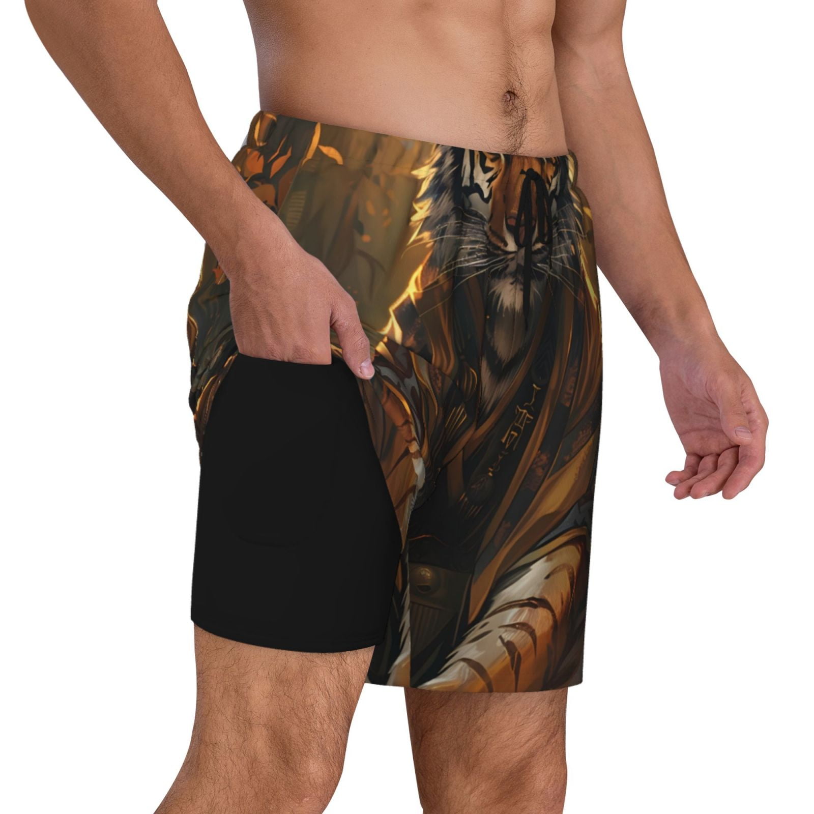 Tebeau Tiger In The Fallen Leaf Forest Print Men's Swim Trunks with Compression Liner,Bathing ...