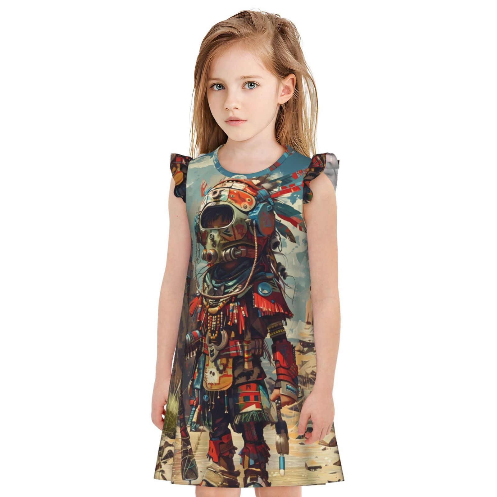 Tebeau Tribal Futuristic Warrior Print Girls Nightgowns Flutter Sleeve ...