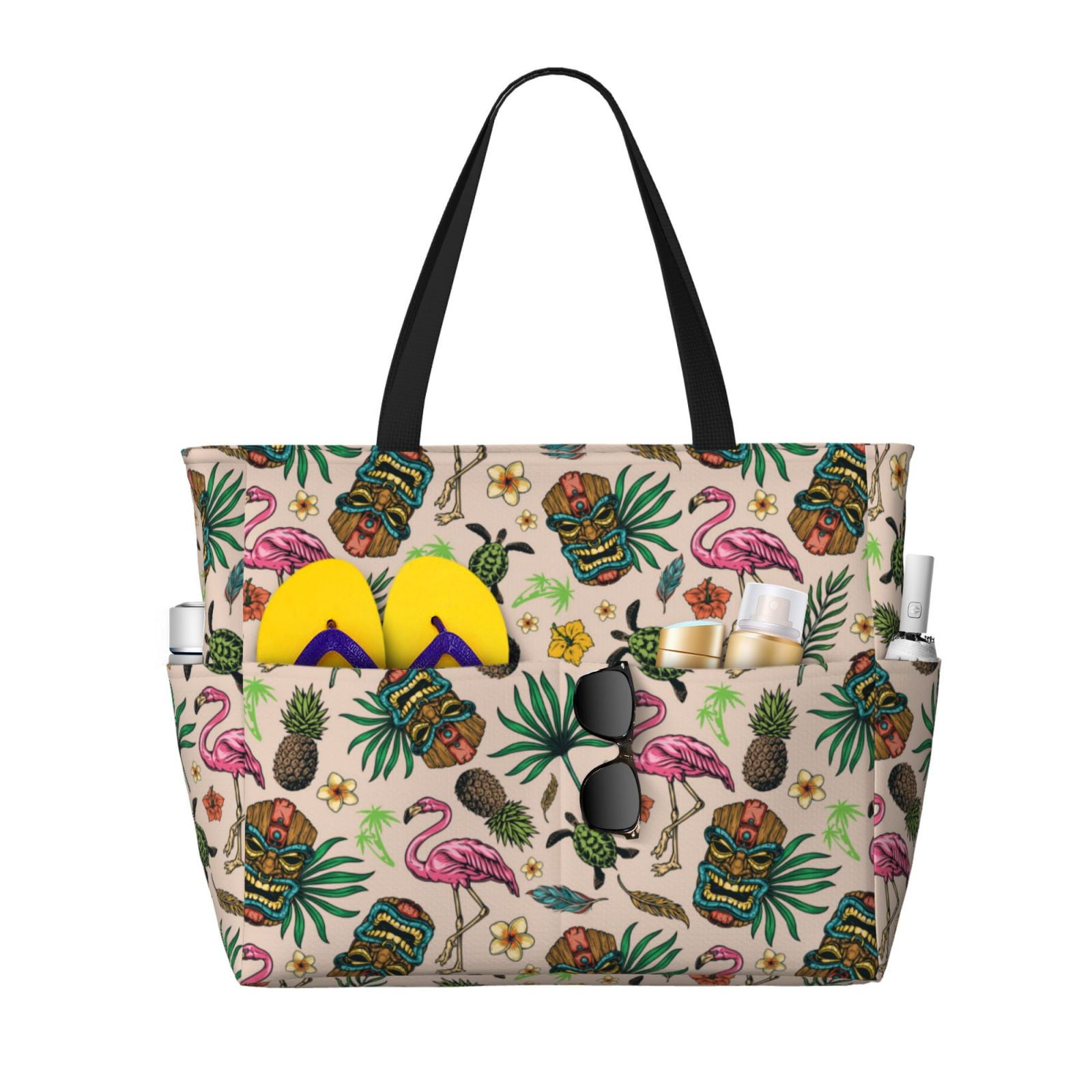 Tebeau Tropical Mask Flamingo Print Large Beach Tote Bag Women ...