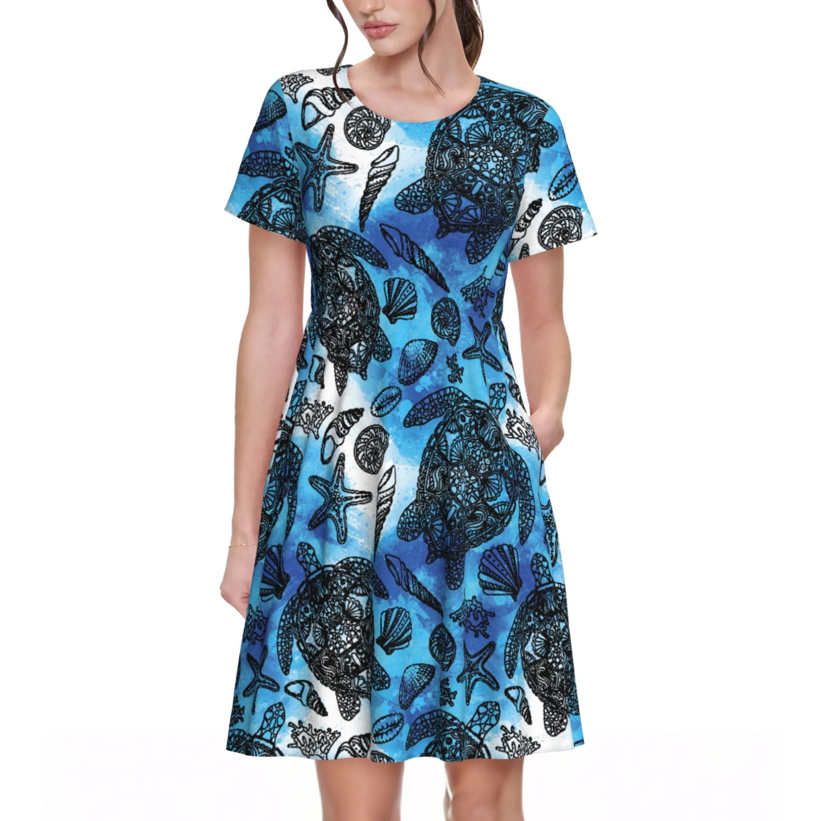 Tebeau Turtle，Shell Algae Starfish Coral Print Women's Sundress Casual ...