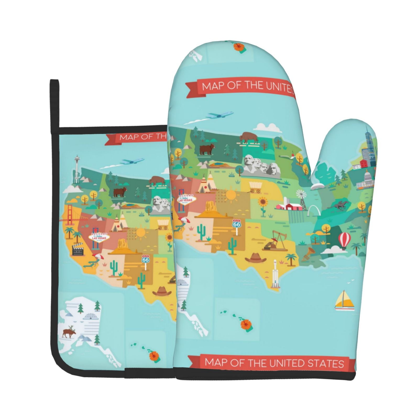 Tebeau USA Tourist Map Print Oven Mitts and Pan Racks 2-Piece Set ...