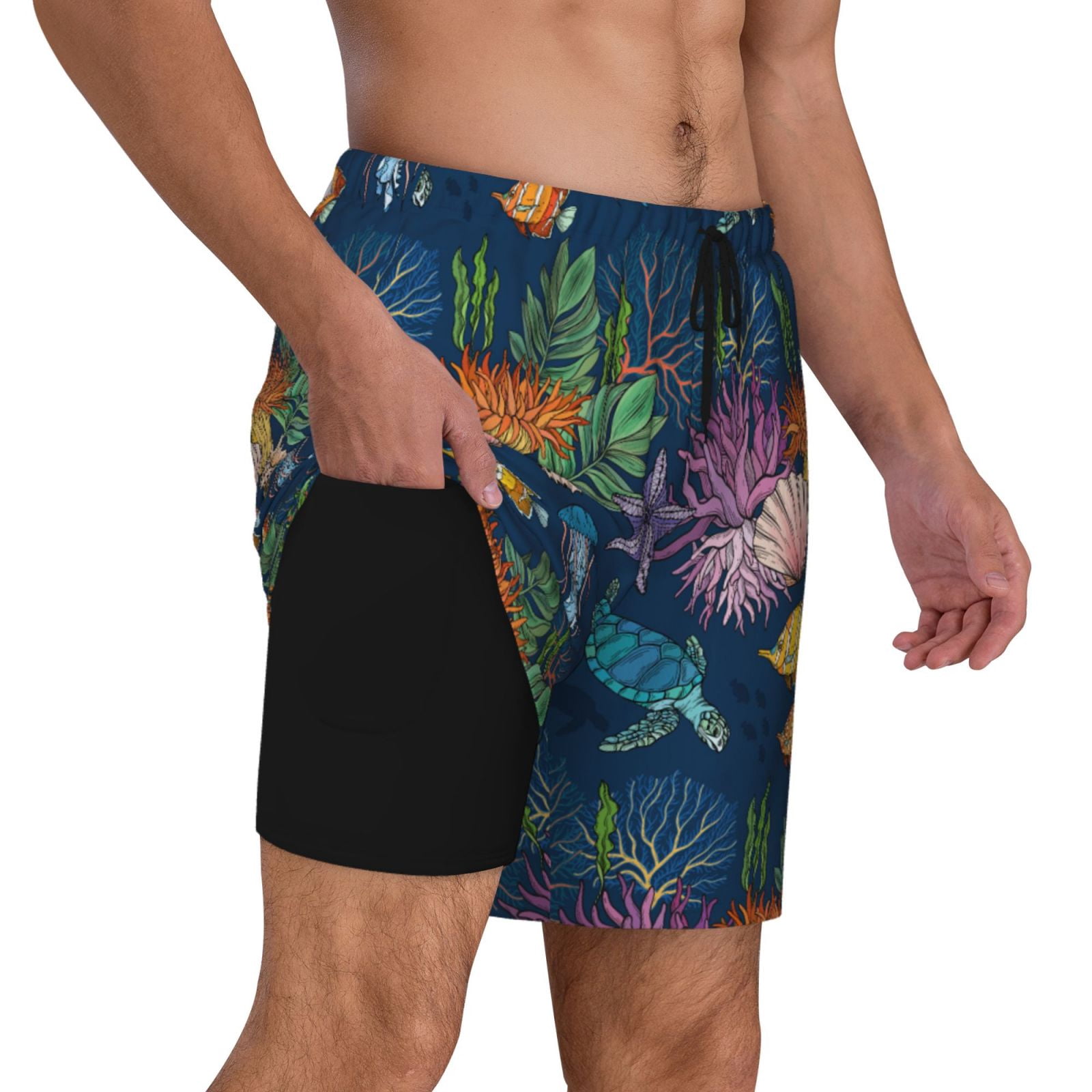 Tebeau Undersea Animals Print Men's Swim Trunks with Compression Liner ...