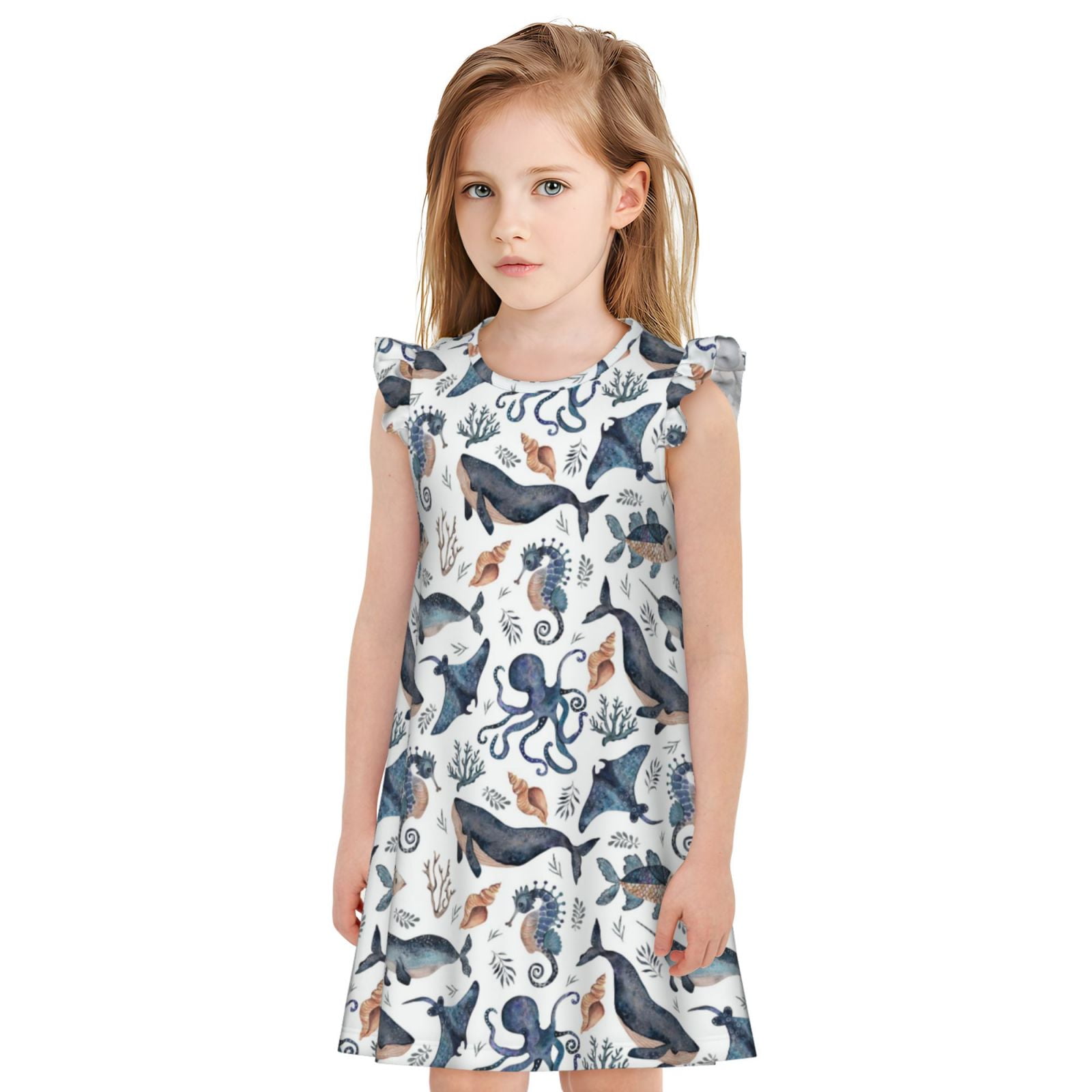 Tebeau Underwater Animals 1 Print Girls Nightgowns Flutter Sleeve Pajamas Dress Girls Princess ...