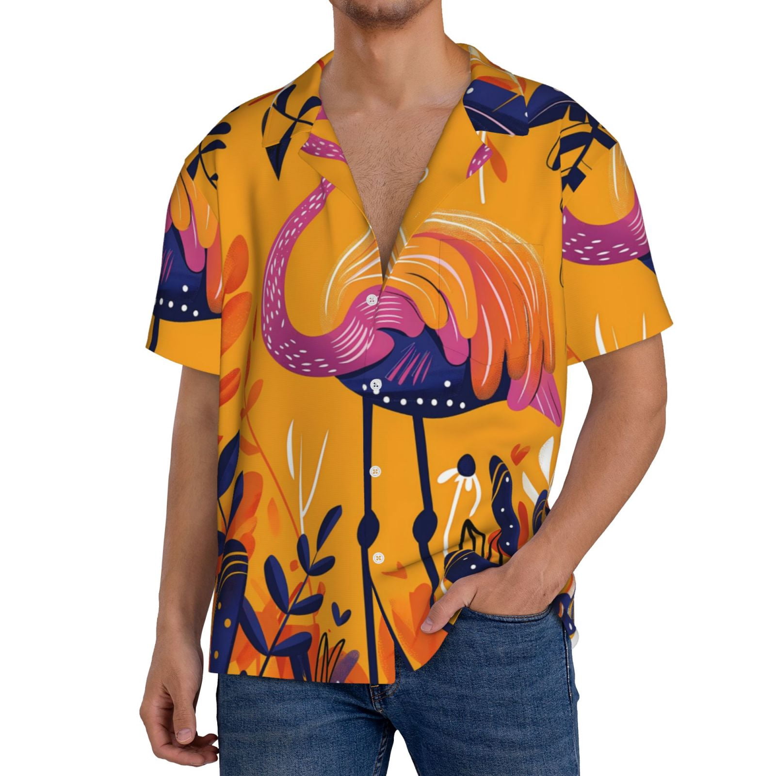 Tebeau Vibrant Flamingo Illustration Print Men's Short-Sleeve Mens ...
