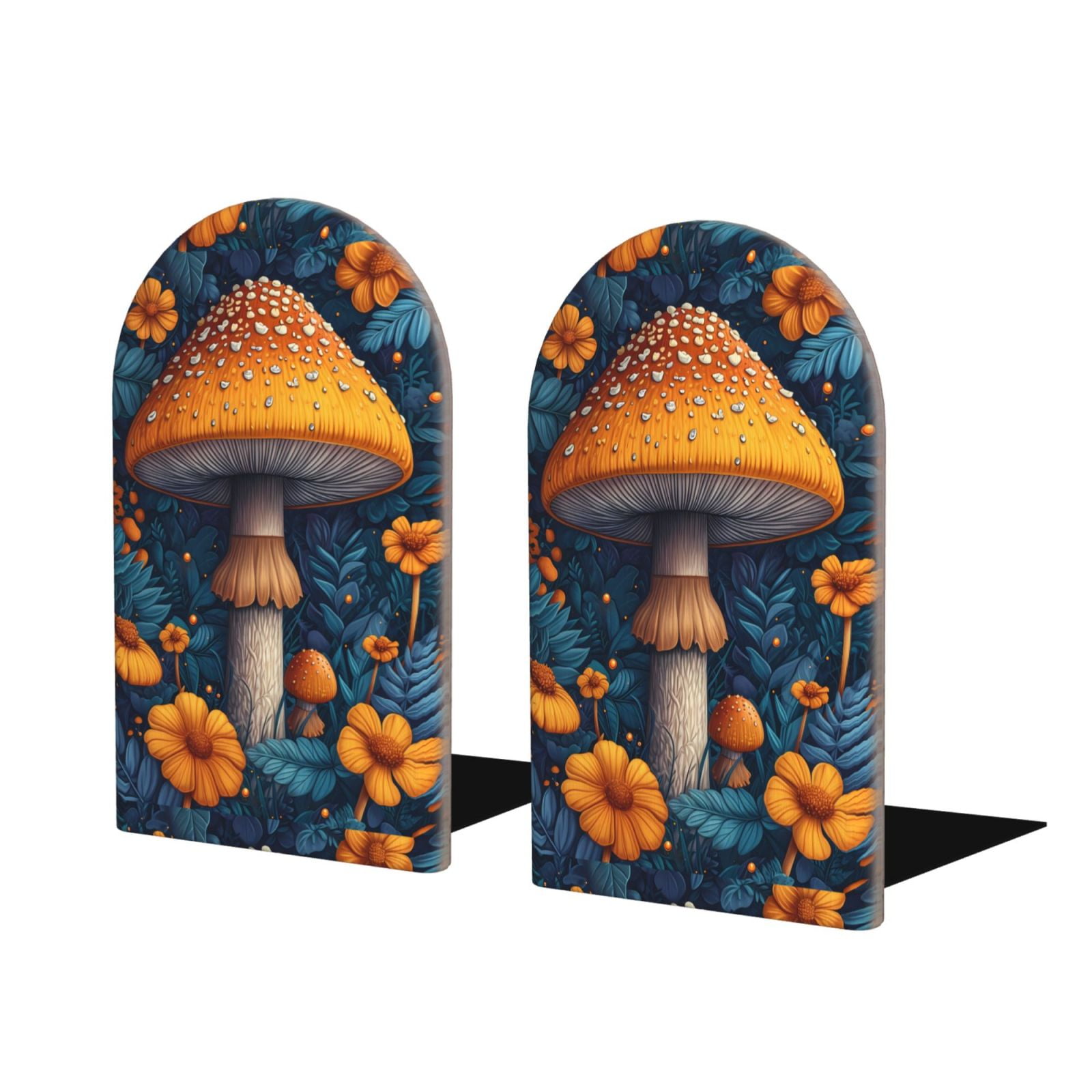 Tebeau Vintage Blue Leaf Mushroom Print Wood Bookends for Shelves ...