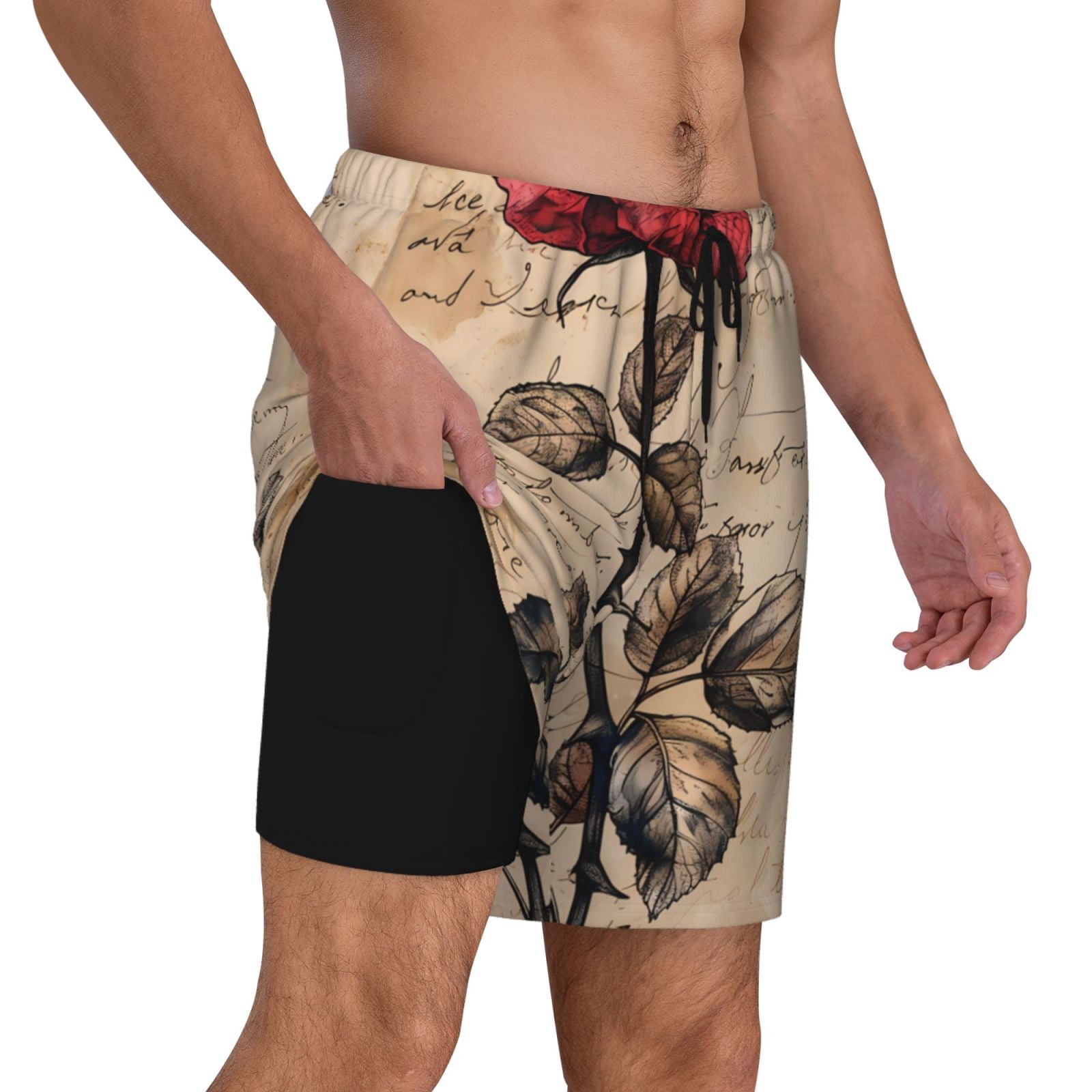 Tebeau Vintage Rose Botanical Art Print Men's Swim Trunks with ...