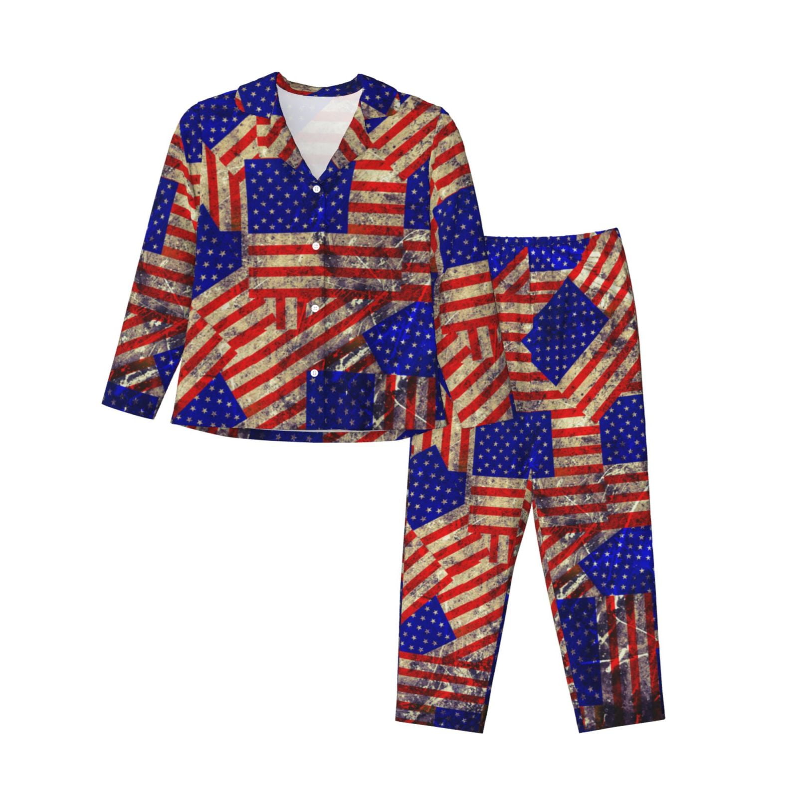 Tebeau Vintage USA Flag Print 2 Pack Women's Pajama Set Long Sleeve Top ...