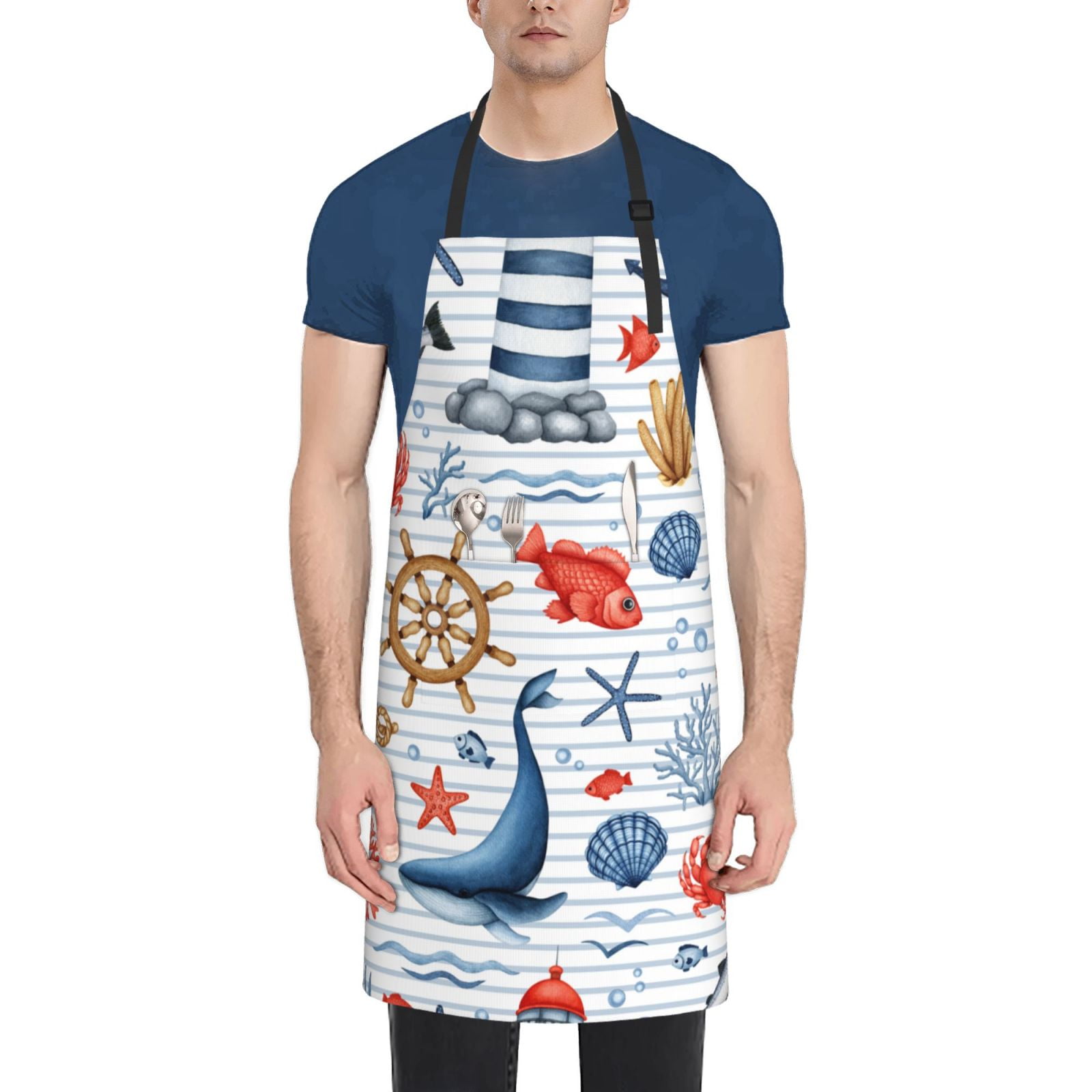 Tebeau Watercolor Nautical Print Waterproof Cooking Aprons, Adjustable ...