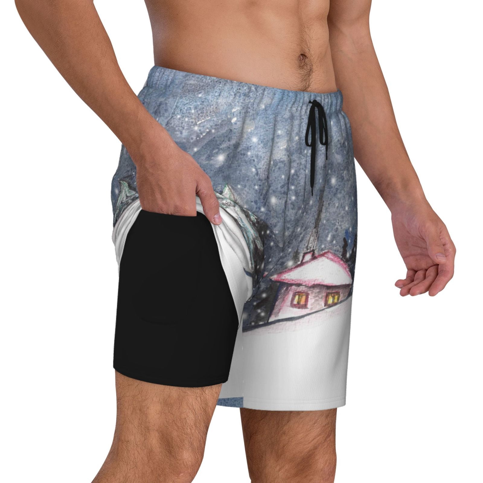 Tebeau Watercolor Winter Landscape For Christmas Print Men's Swim ...